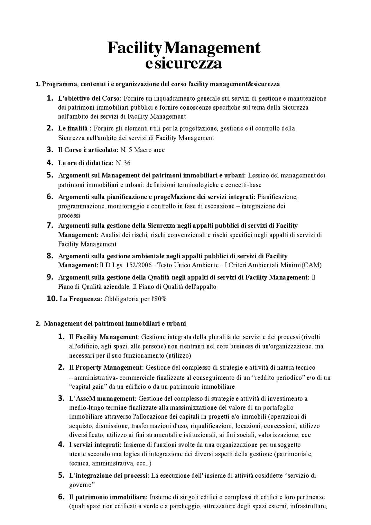 FACILITY MANAGEMENT & SICUREZZA - 0261706ICAR14 | Prove d'esame di Scienze Motorie | Docsity