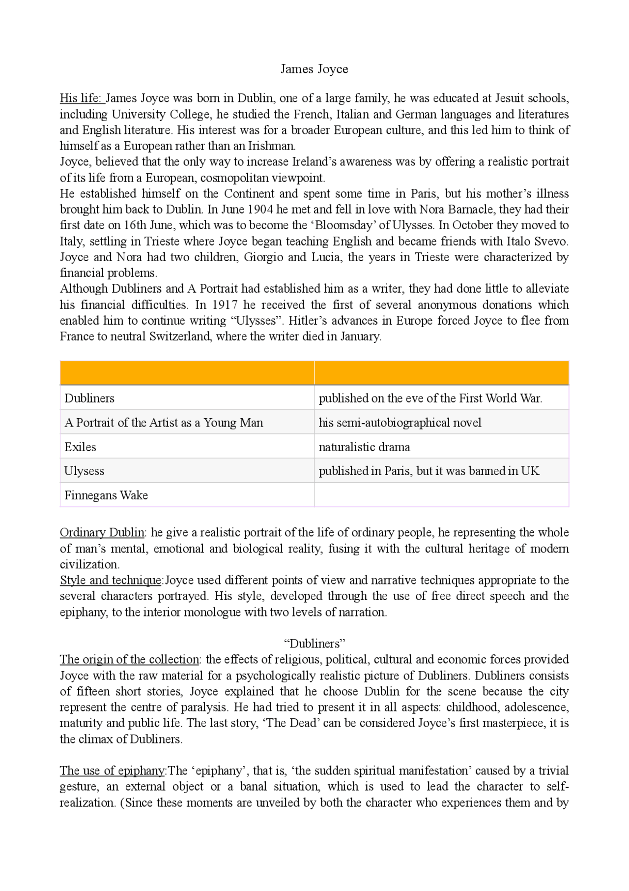 James Joyce: biografia e opere - Docsity