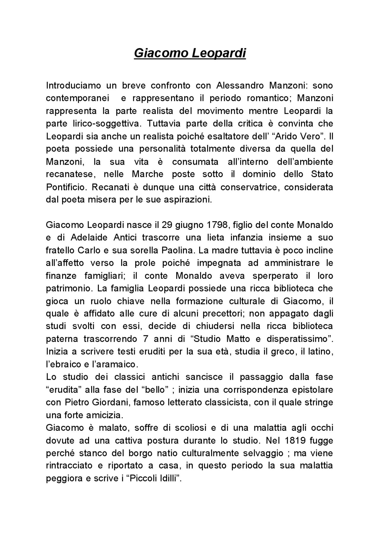 La vita di Giacomo Leopardi - Docsity