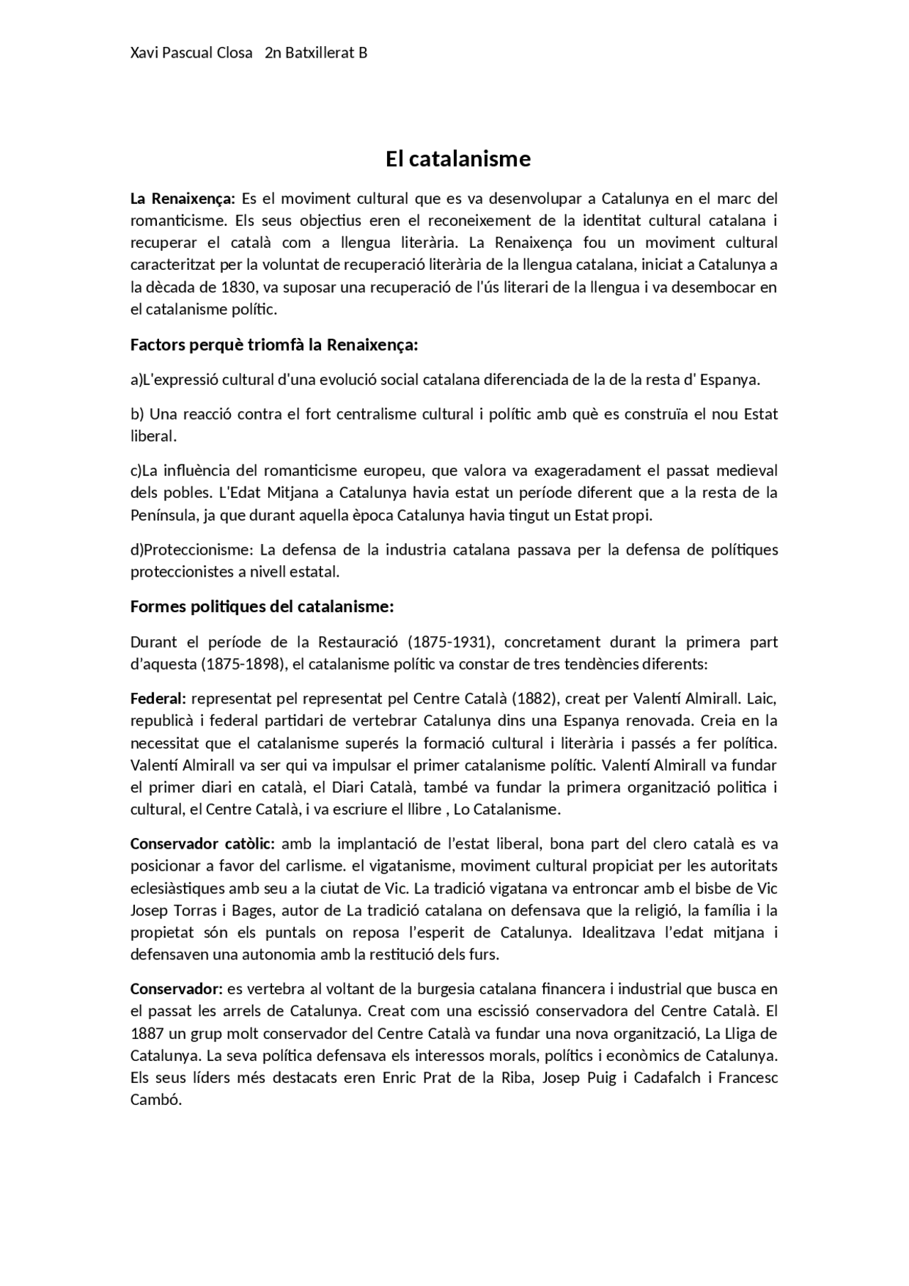 Resum Del Catalanisme Docsity