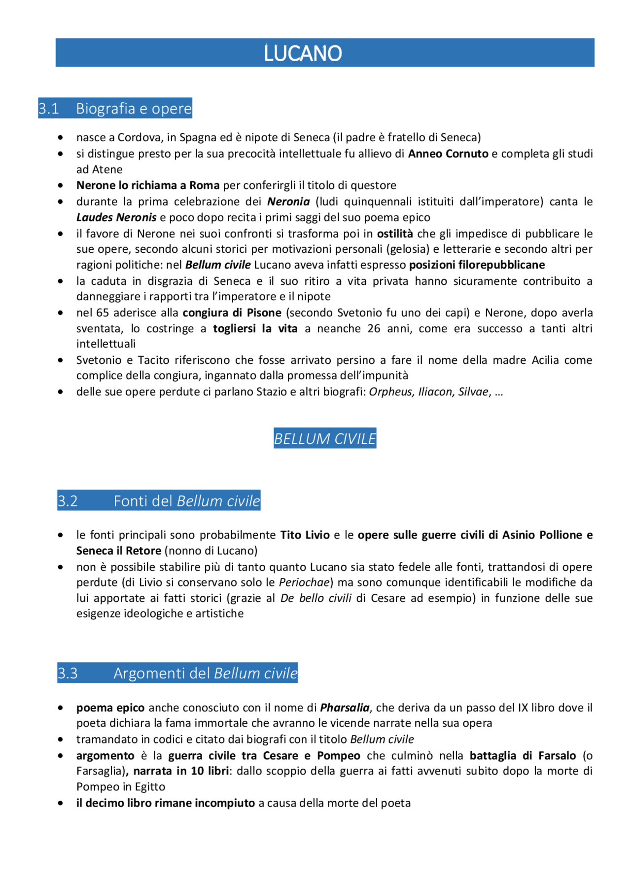 Appunti Su Lucano Vita Opere Bellum Civile Appunti Di Latino Docsity