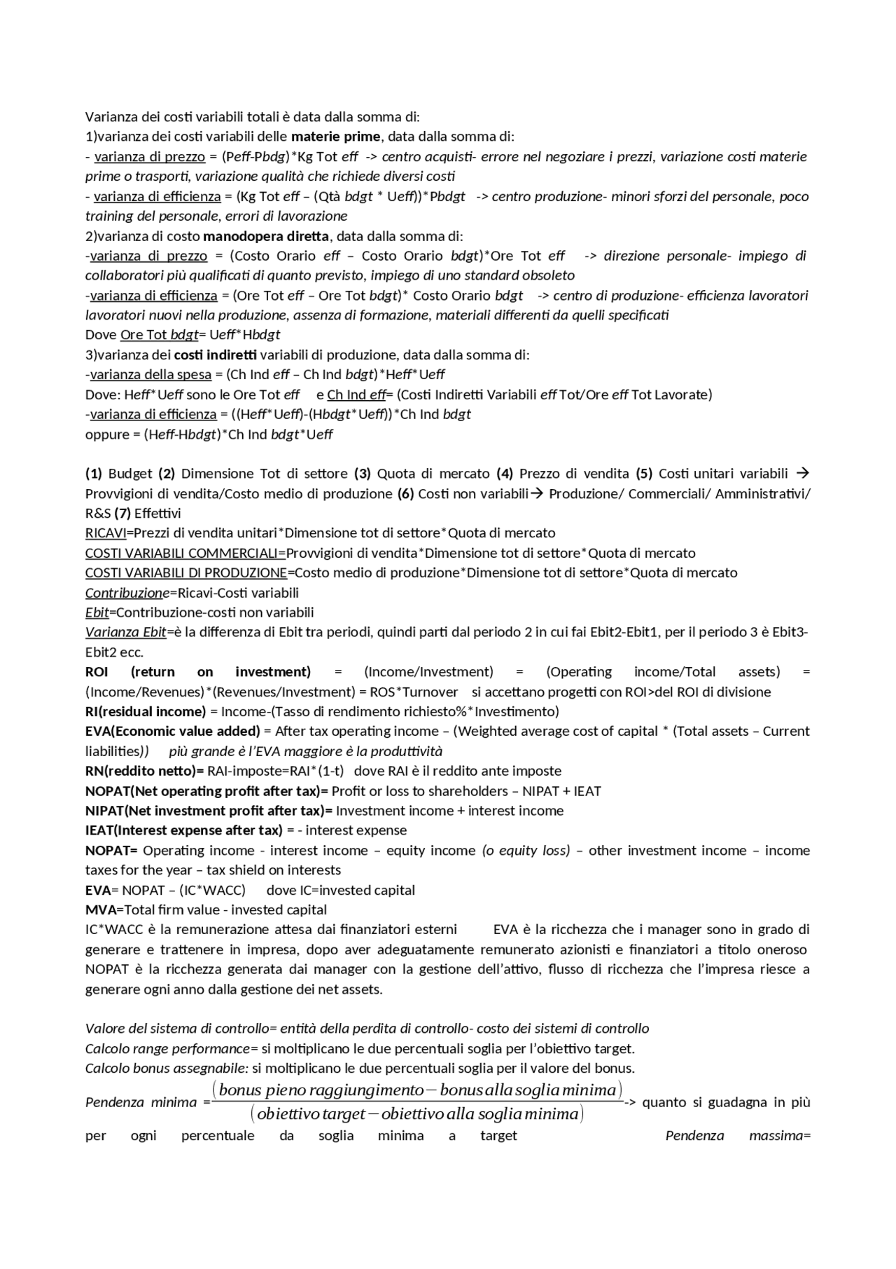 Riassunti Brevi E Formulario Di Controllo Di Gestione Docsity