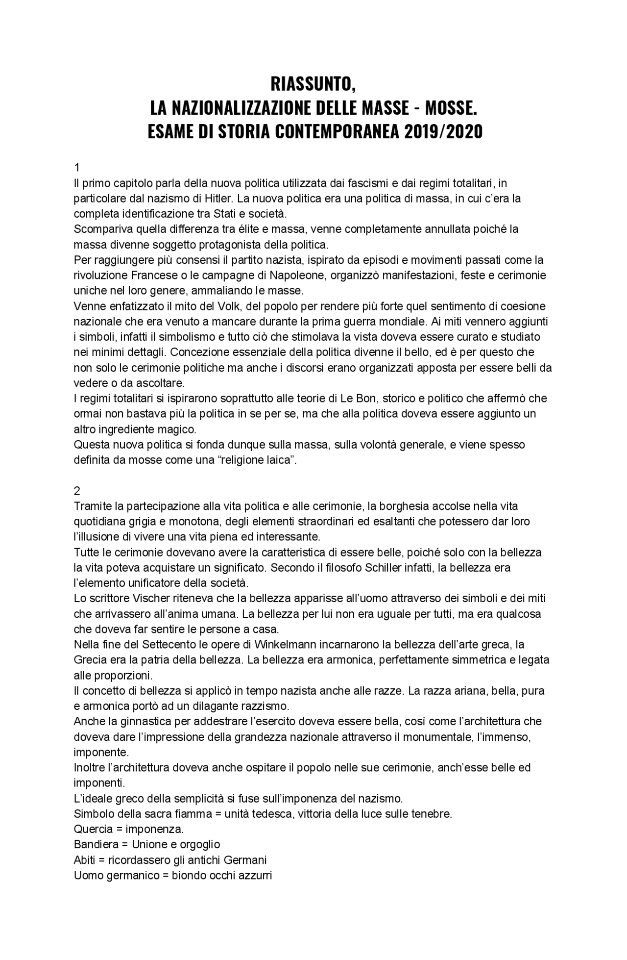 Riassunto Libro - La Nazionalizzazione delle Masse (Mosse) - Docsity