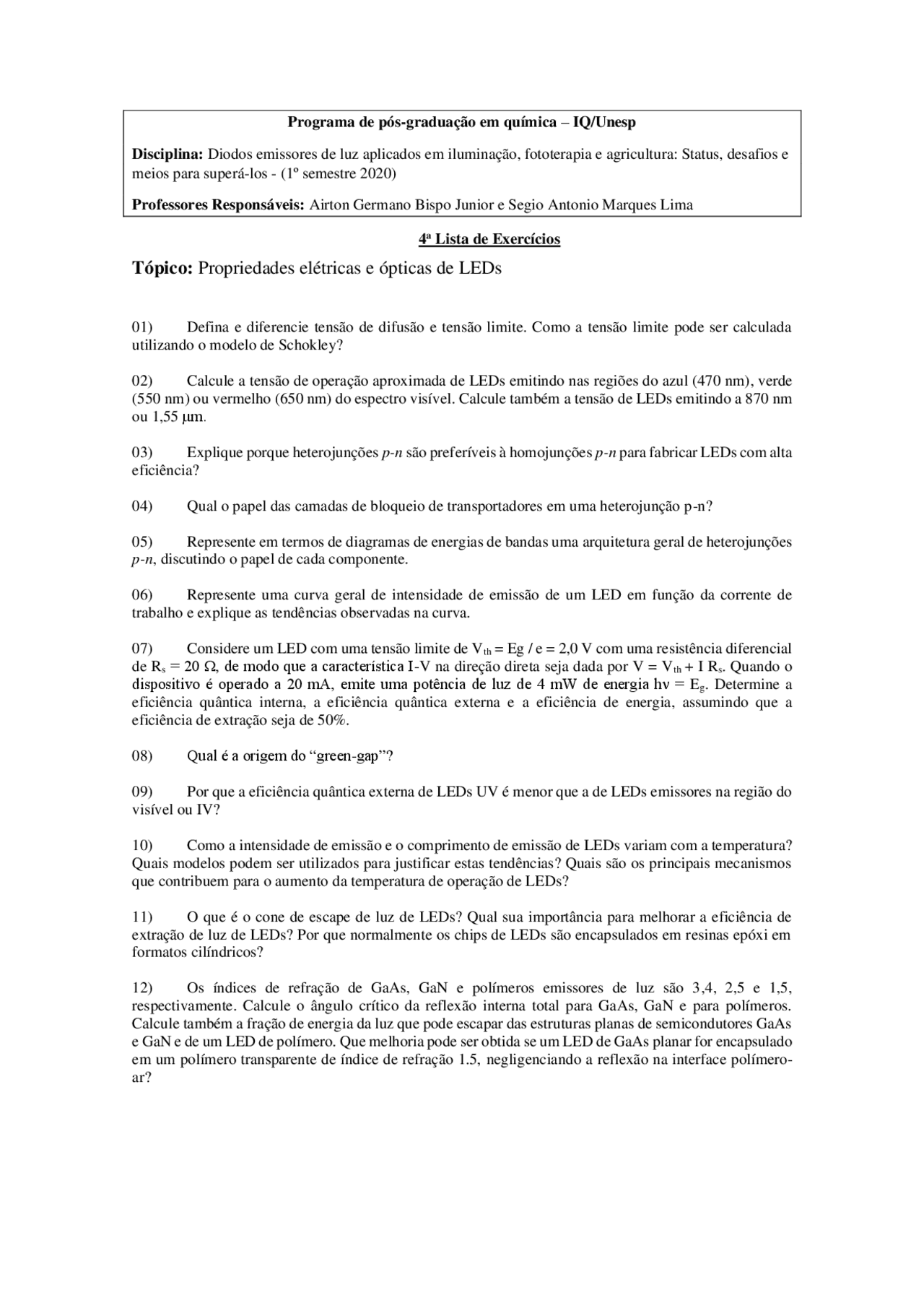 Lista De Exercícios De Química Inorgânica Docsity