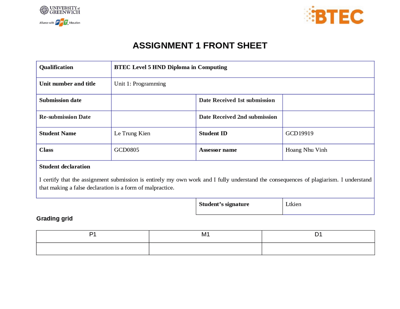 1618_ASM1_LE TRUNG KIEN_GCD19919 | Assignments Database Programming - Docsity