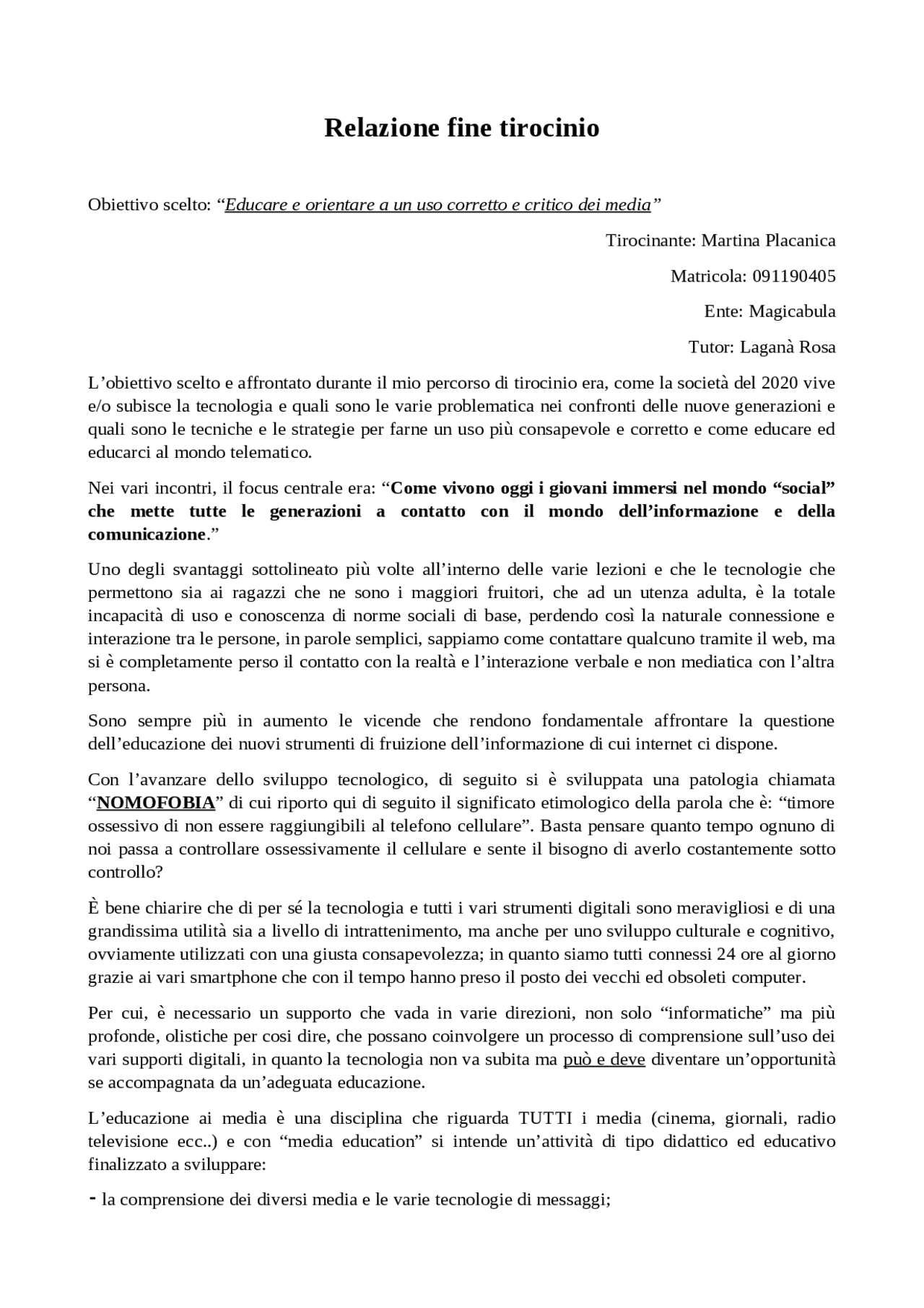 Relazione fine tirocinio Scienze Pedagogiche | Guide, Progetti e ...