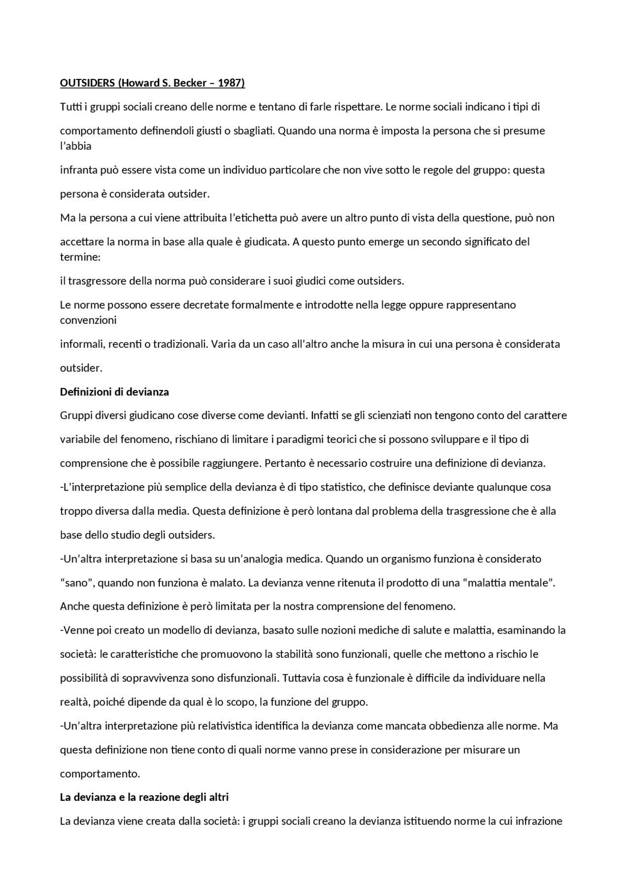 Outsiders - Becker riassunto del libro | Appunti di Sociologia della devianza | Docsity