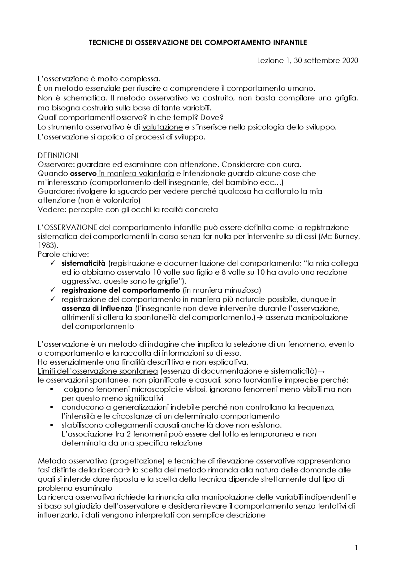 Tecniche Di Osservazione Del Comportamento Infantile Docsity