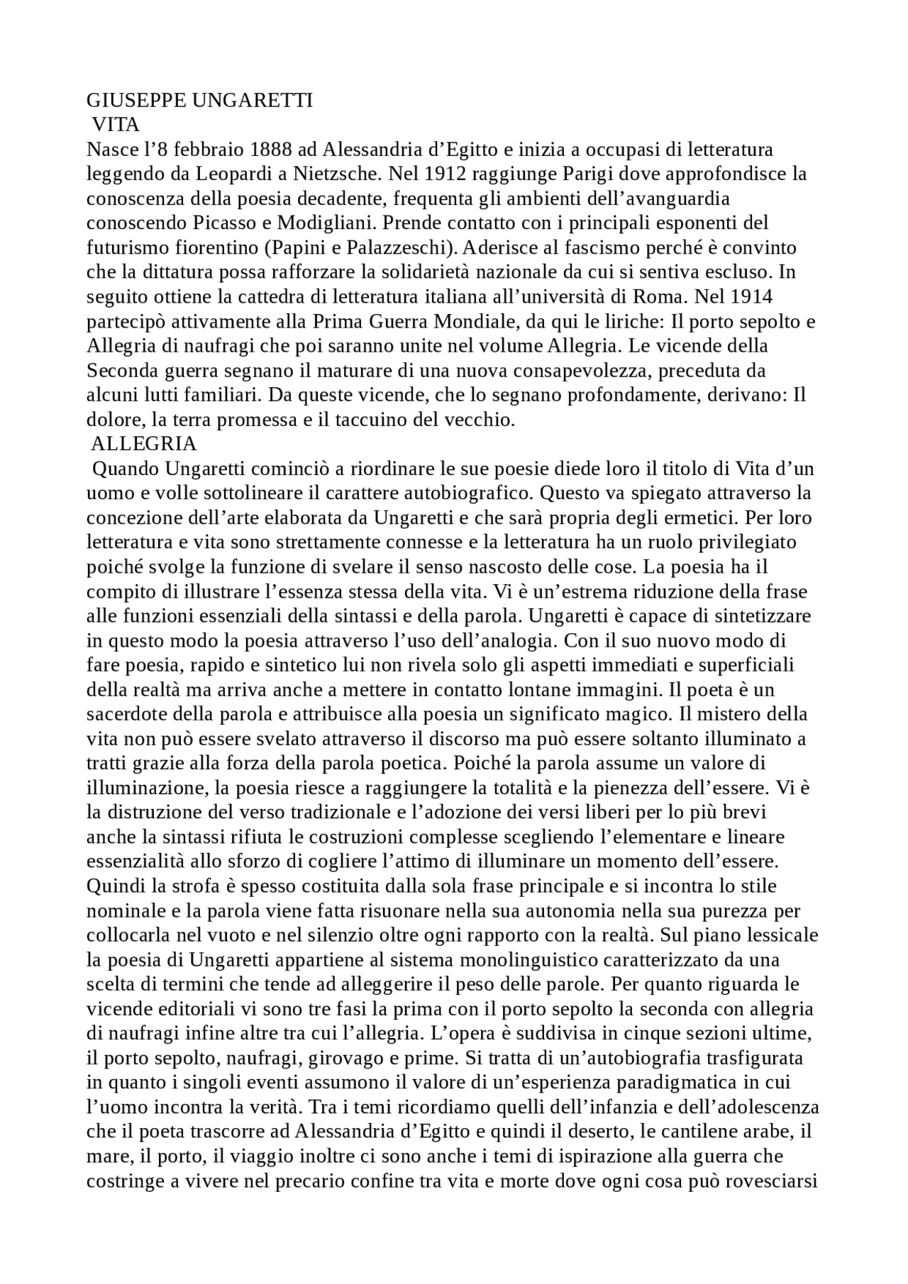 Riassunto Sulla Vita E Alcune Opere Di Ungaretti Docsity