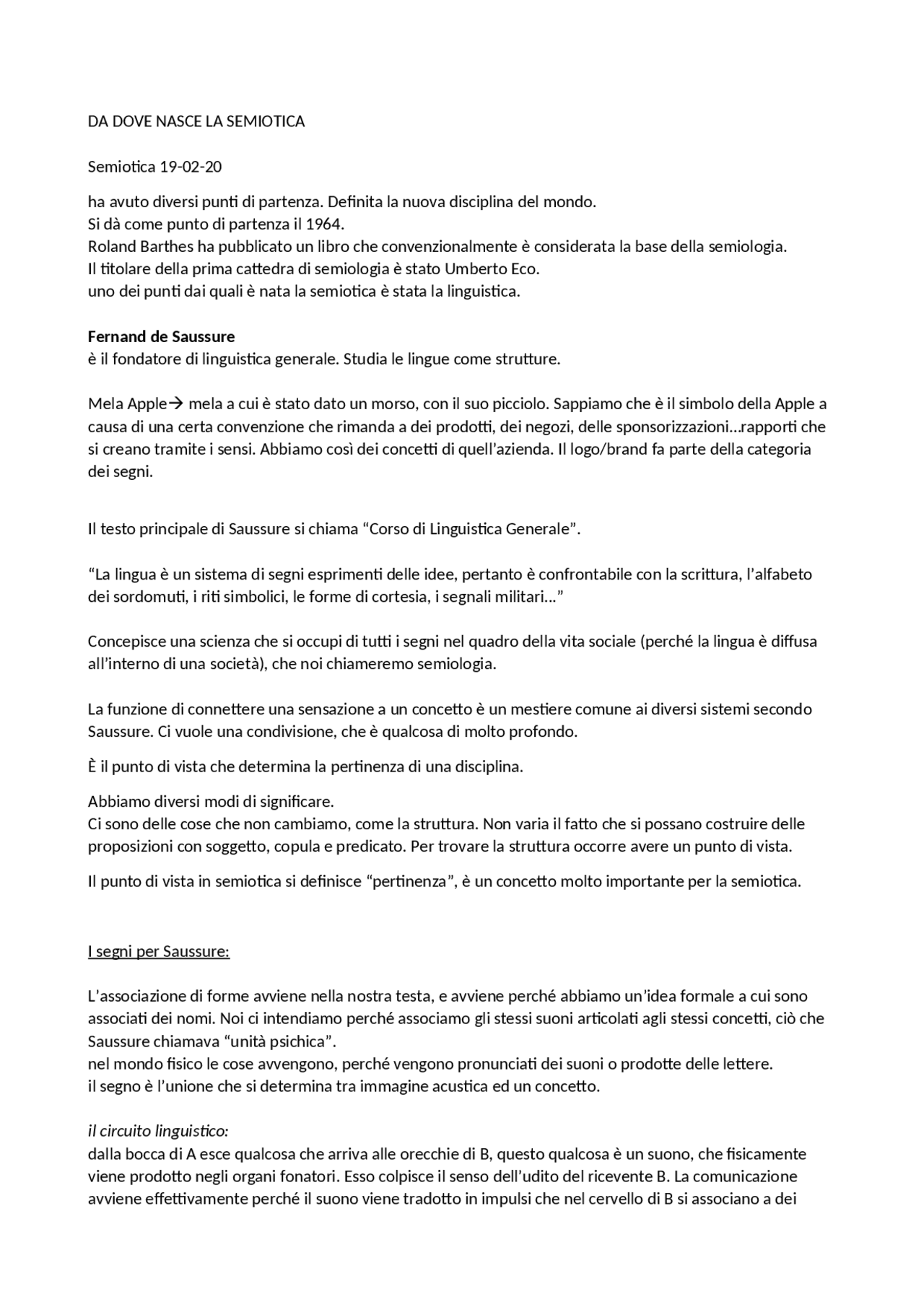 La Nascita Della Semiotica E Saussure Docsity