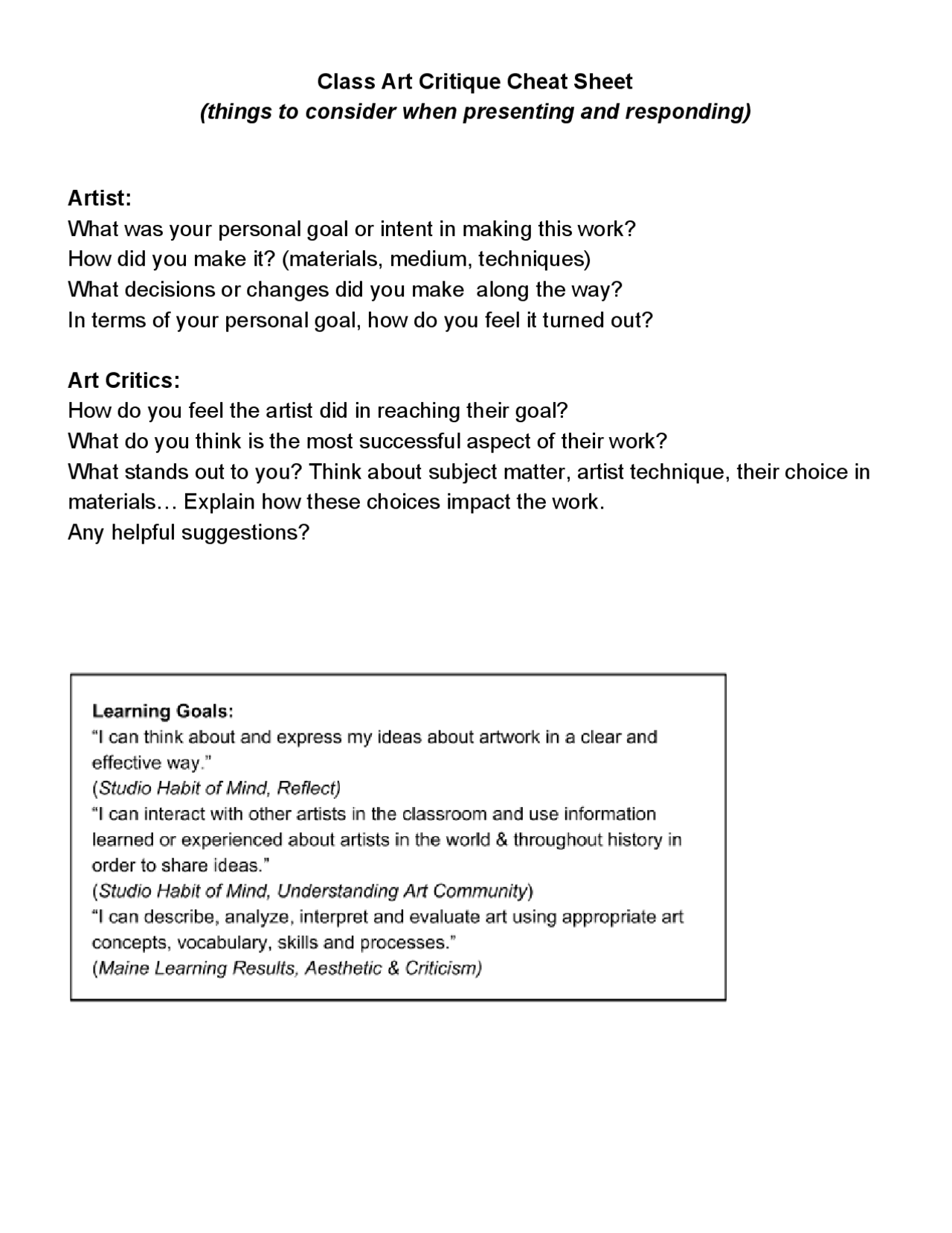 Questions Art Critique Cheat Sheet - Docsity