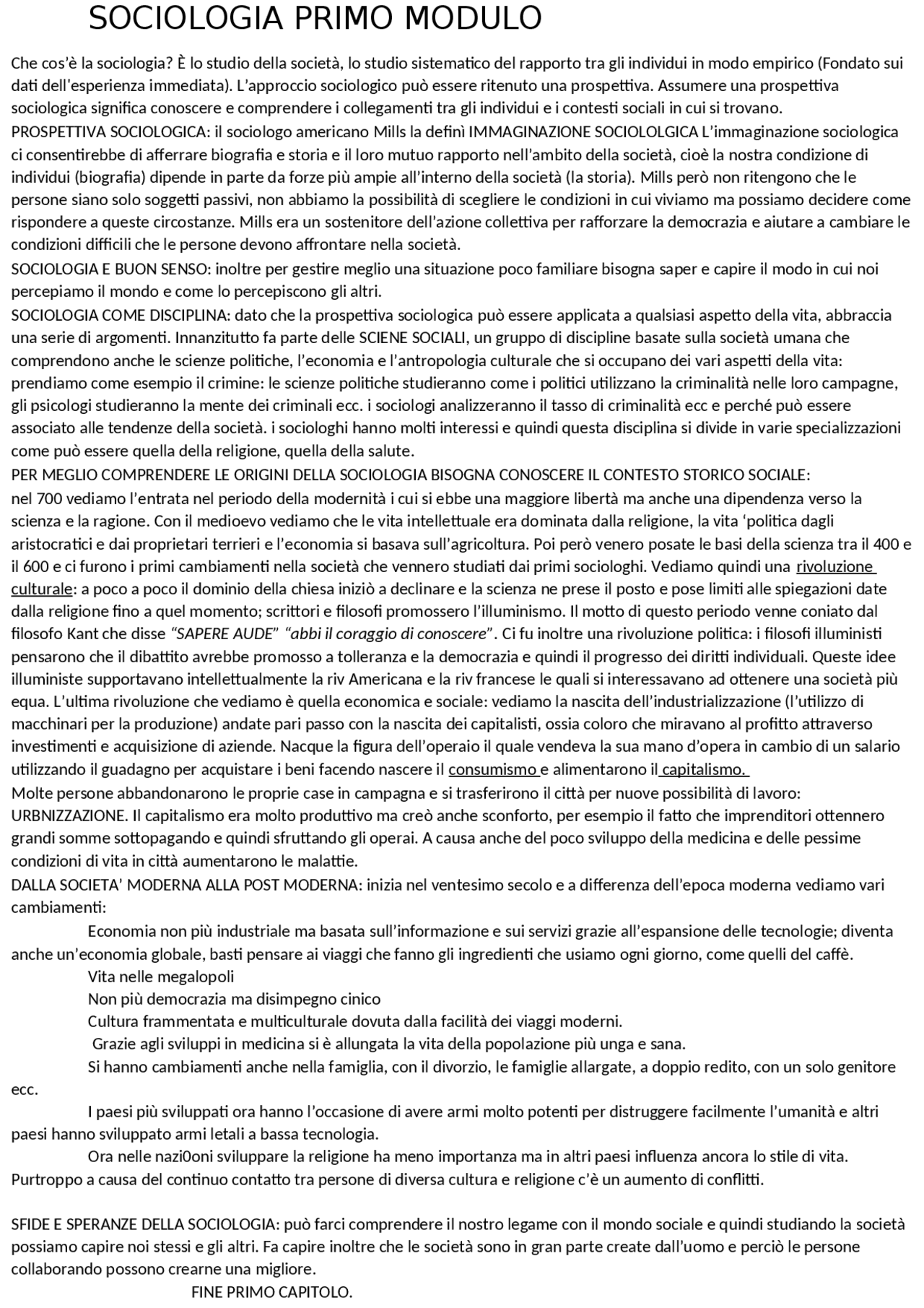 Primo Modulo Di Sociologia Generale Docsity