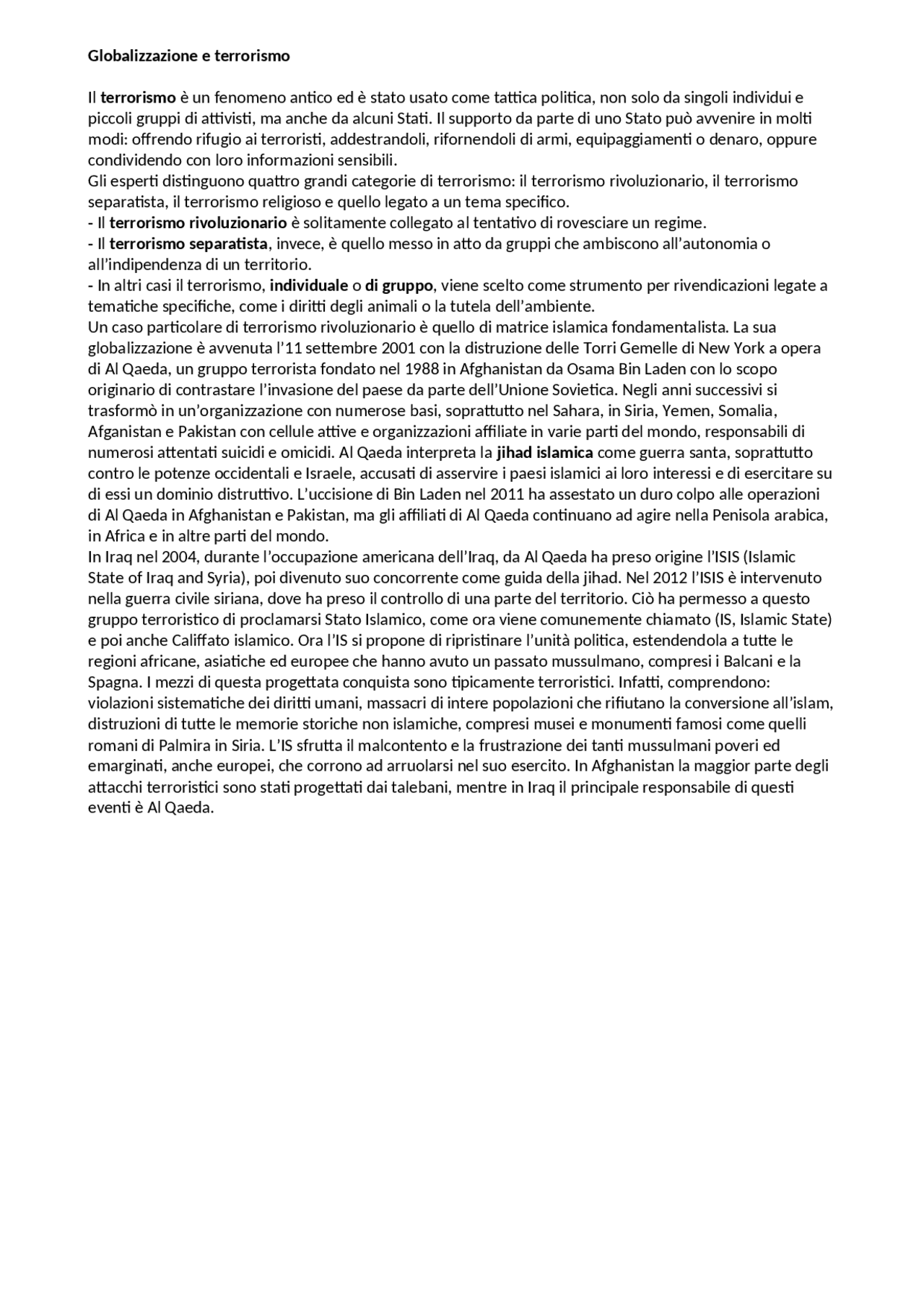 Globalizzazione E Terrorismo Docsity