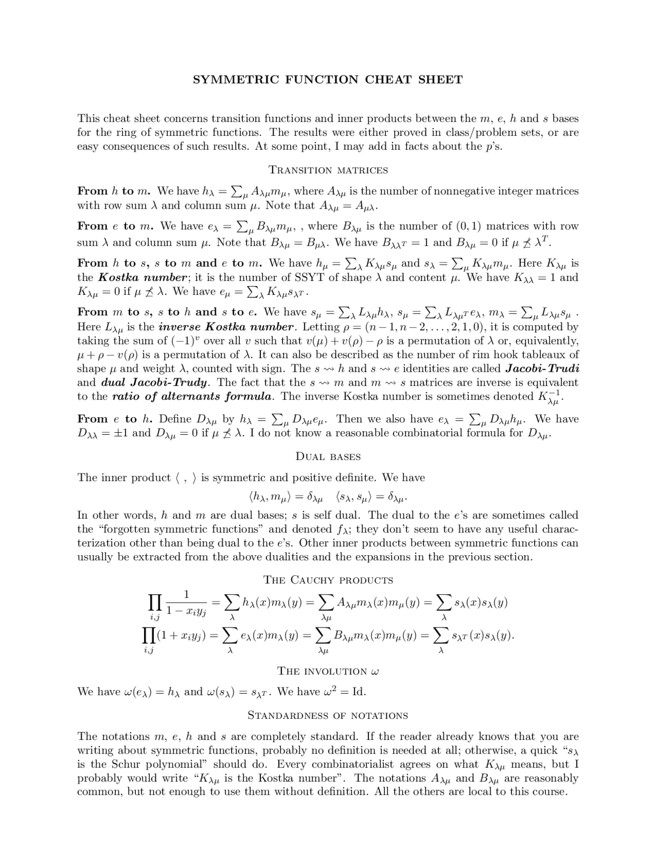 Cheat Sheet on Transition Functions and Inner Products for Symmetric ...