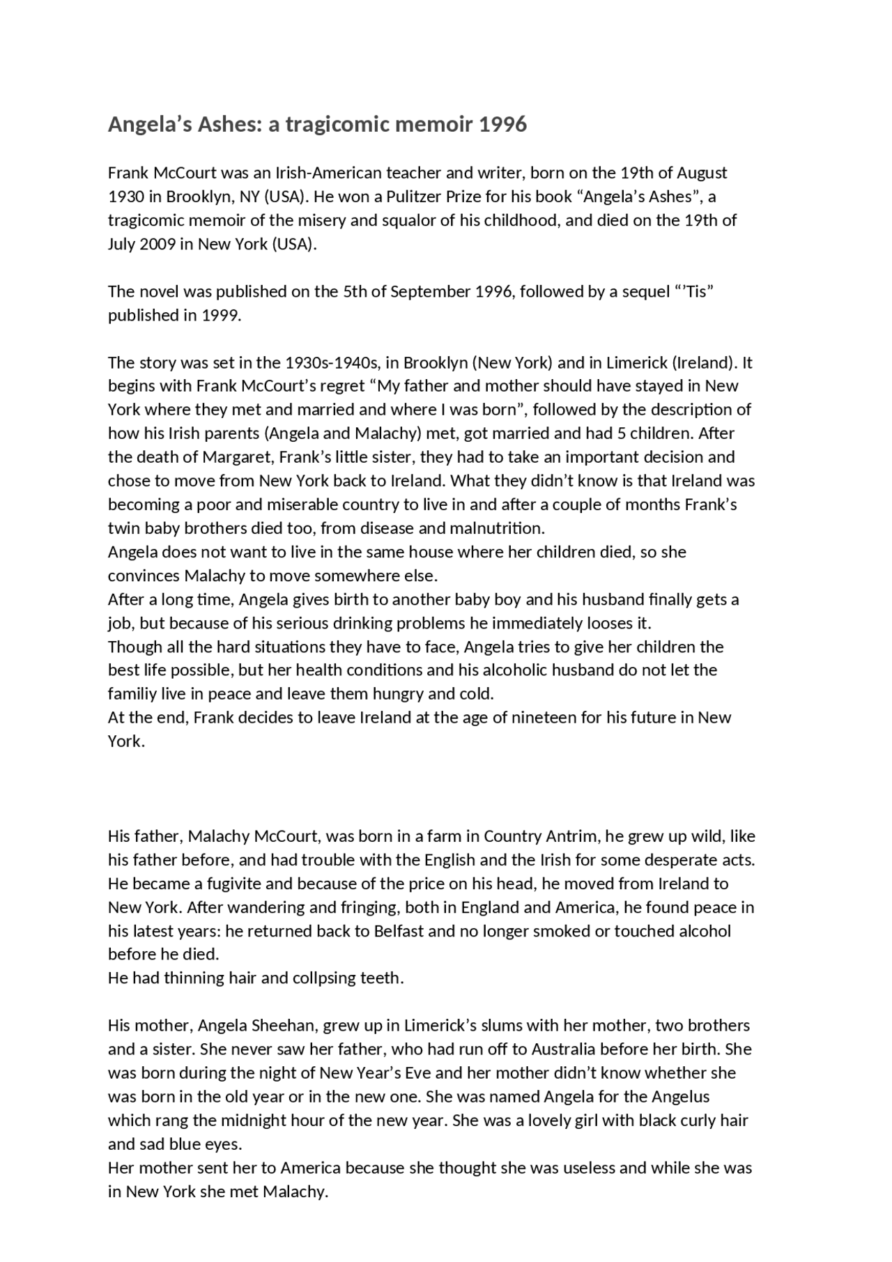 Sintesi Angela's Ashes di Frank McCourt - Docsity