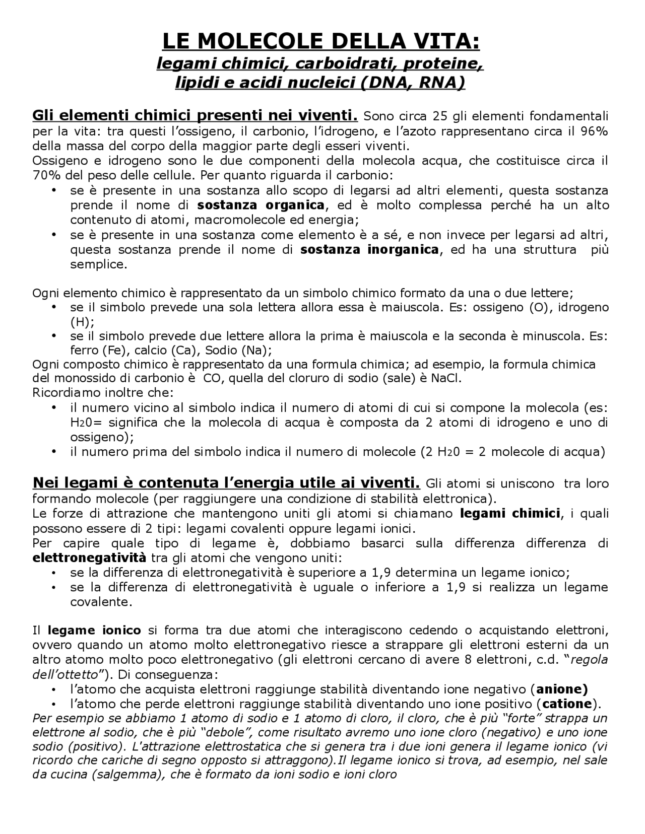 Legami chimici, carboidrati, proteine, lipidi e acidi nucleici (DNA ...