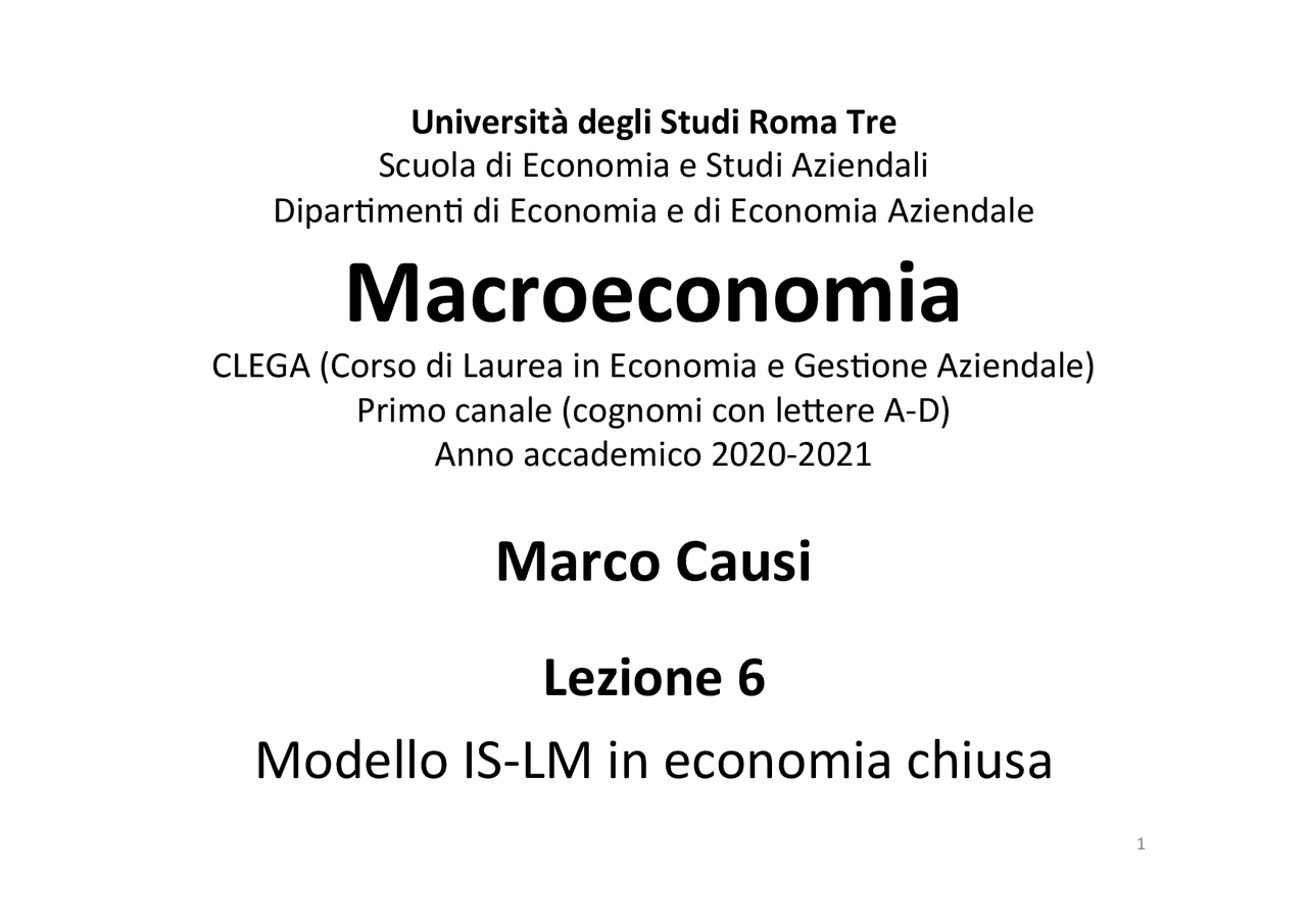 Slide Macroeconomia Prof Causi Aa 2020 21 Modello Is Lm In