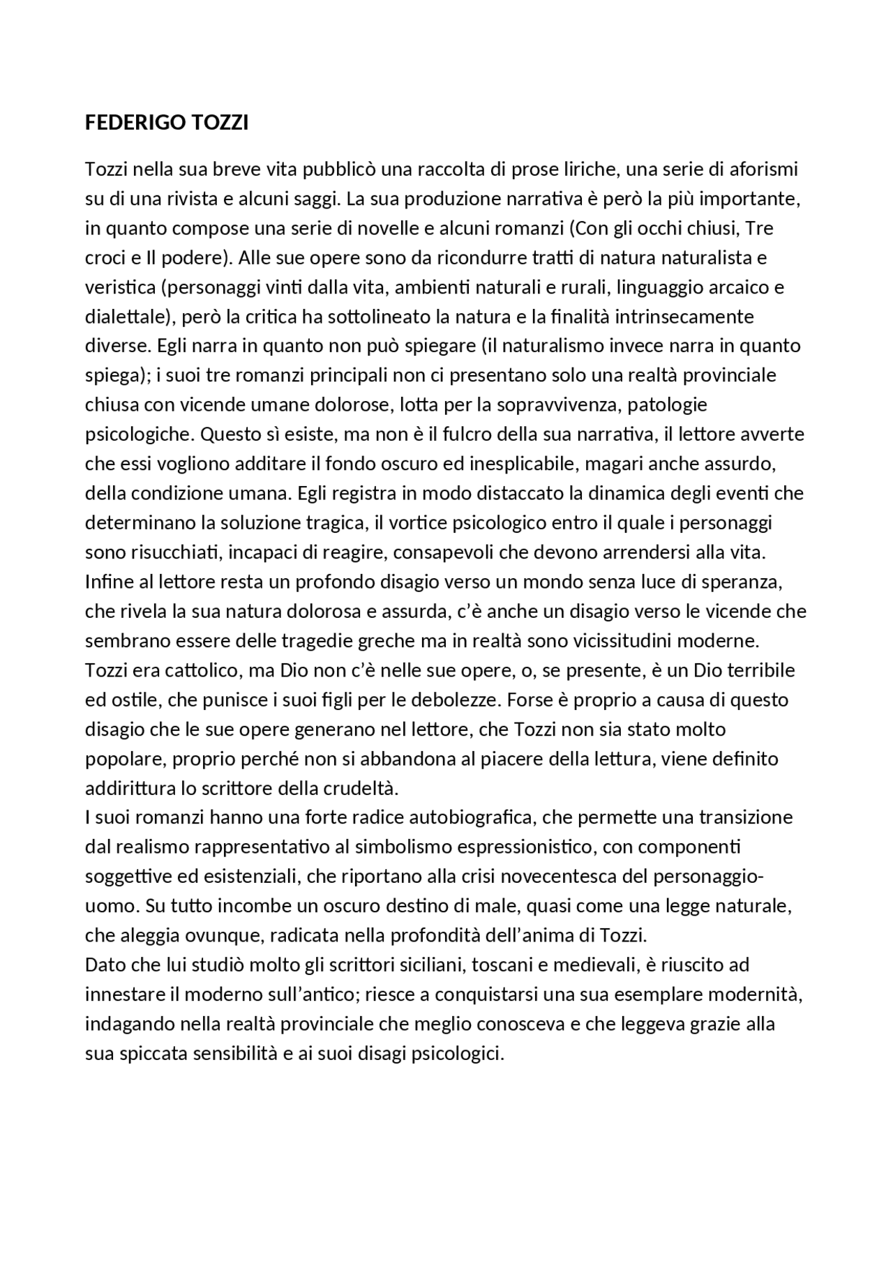Federigo Tozzi Vita Opere Pensiero Docsity