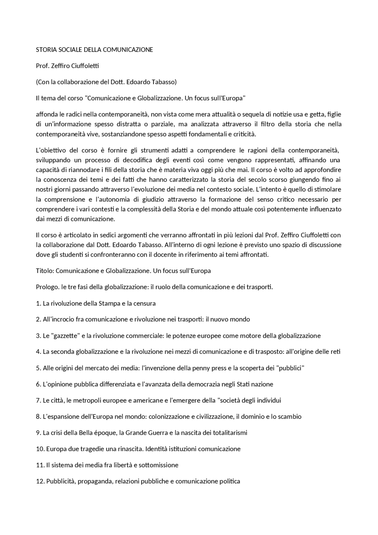 Programma Ciuffoletti Docsity