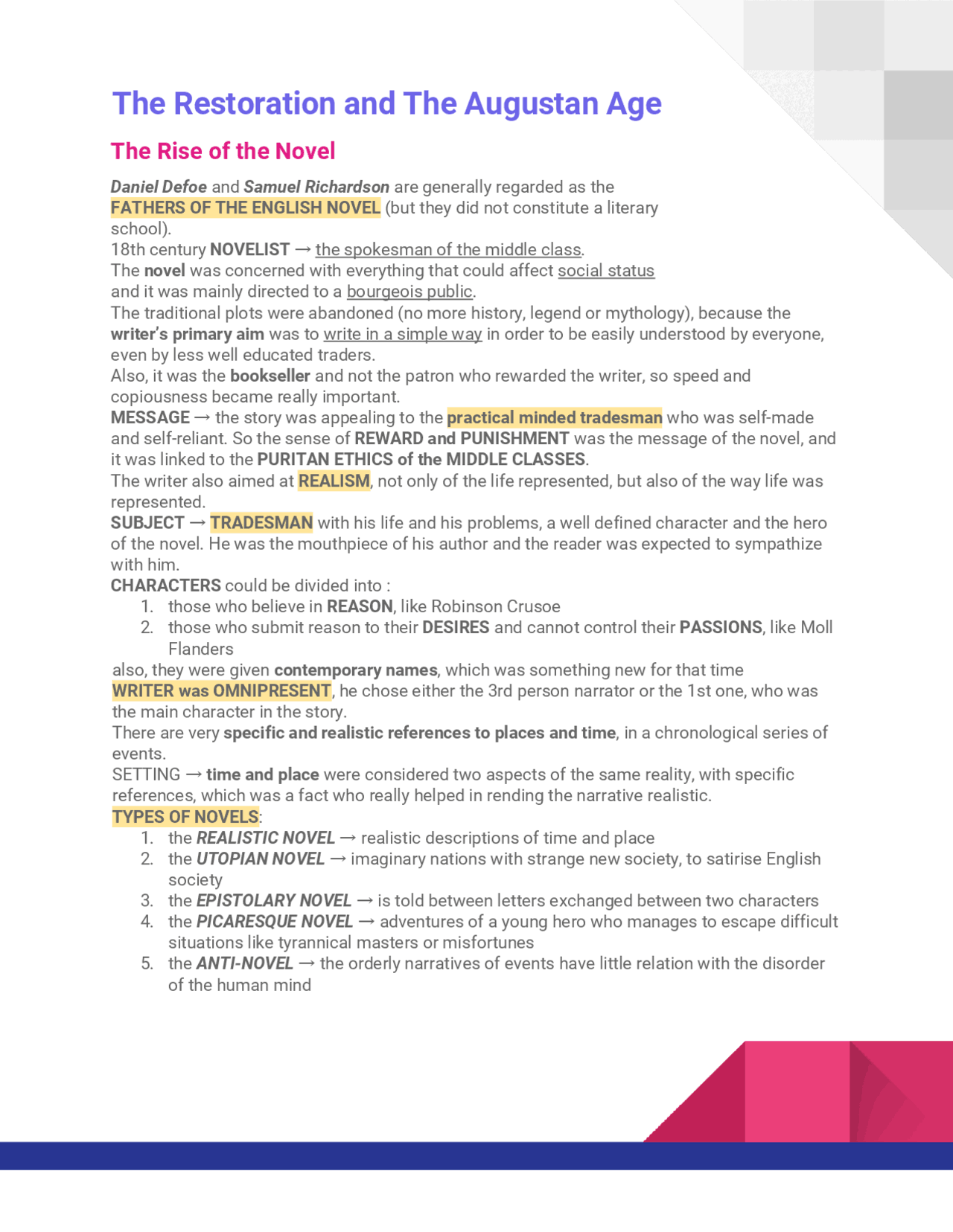 The Restoration and The Augustan Age notes - Docsity