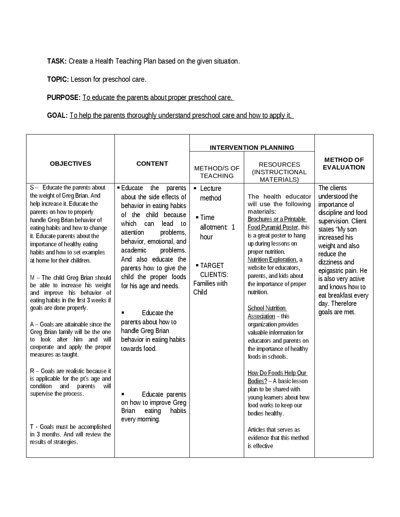 Teaching plan for pedia | Assignments Pediatrics | Docsity
