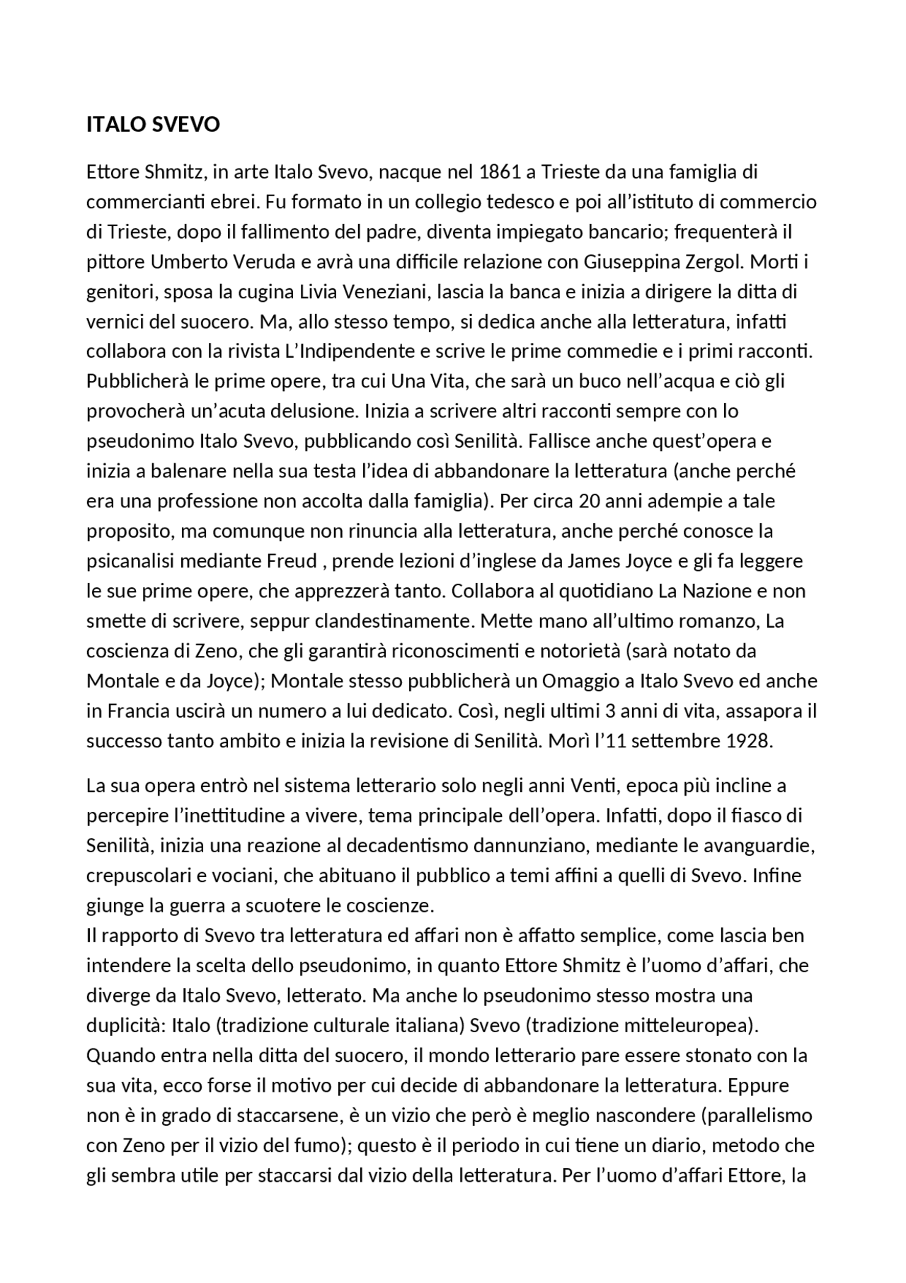 Italo Svevo, vita, opere, pensiero - Docsity