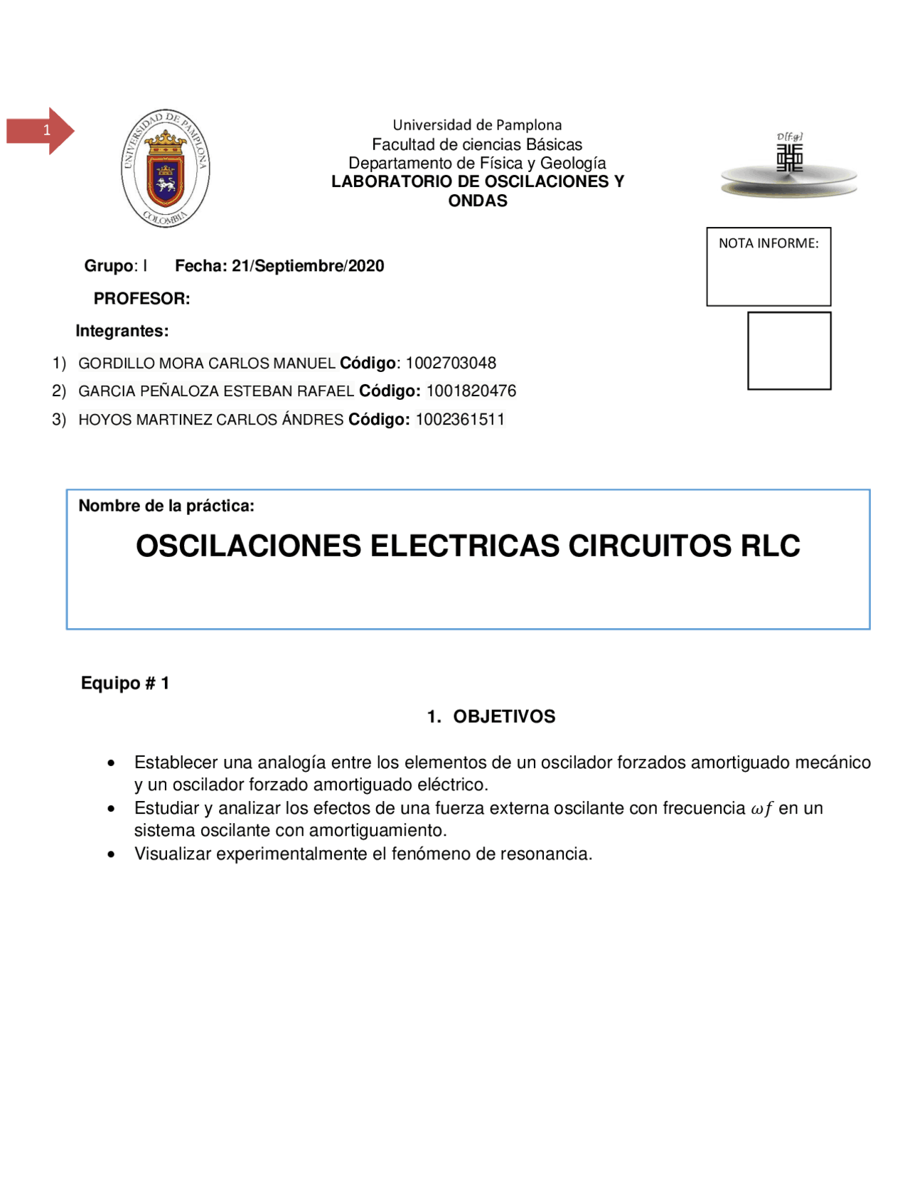 Informe Laboratorio De Ondas Y Oscilaciones Circuito Rcl Docsity