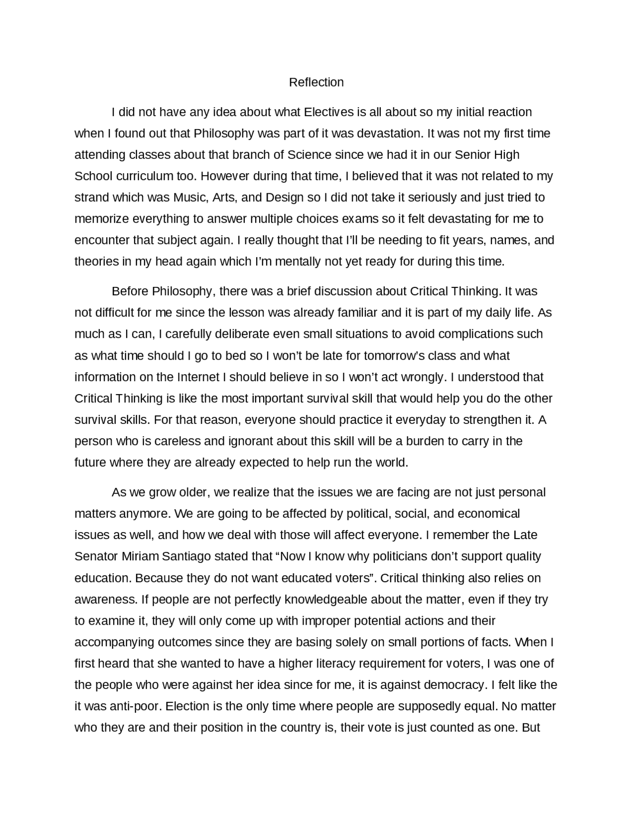 Critical Thinking Reflection - Docsity