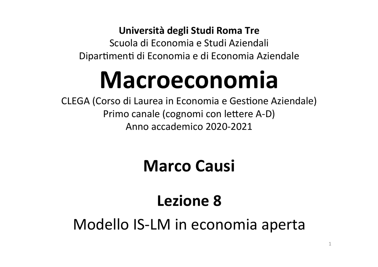 Slide Macroeconomia Prof Causi Aa 2020 21 Modello Is Lm In
