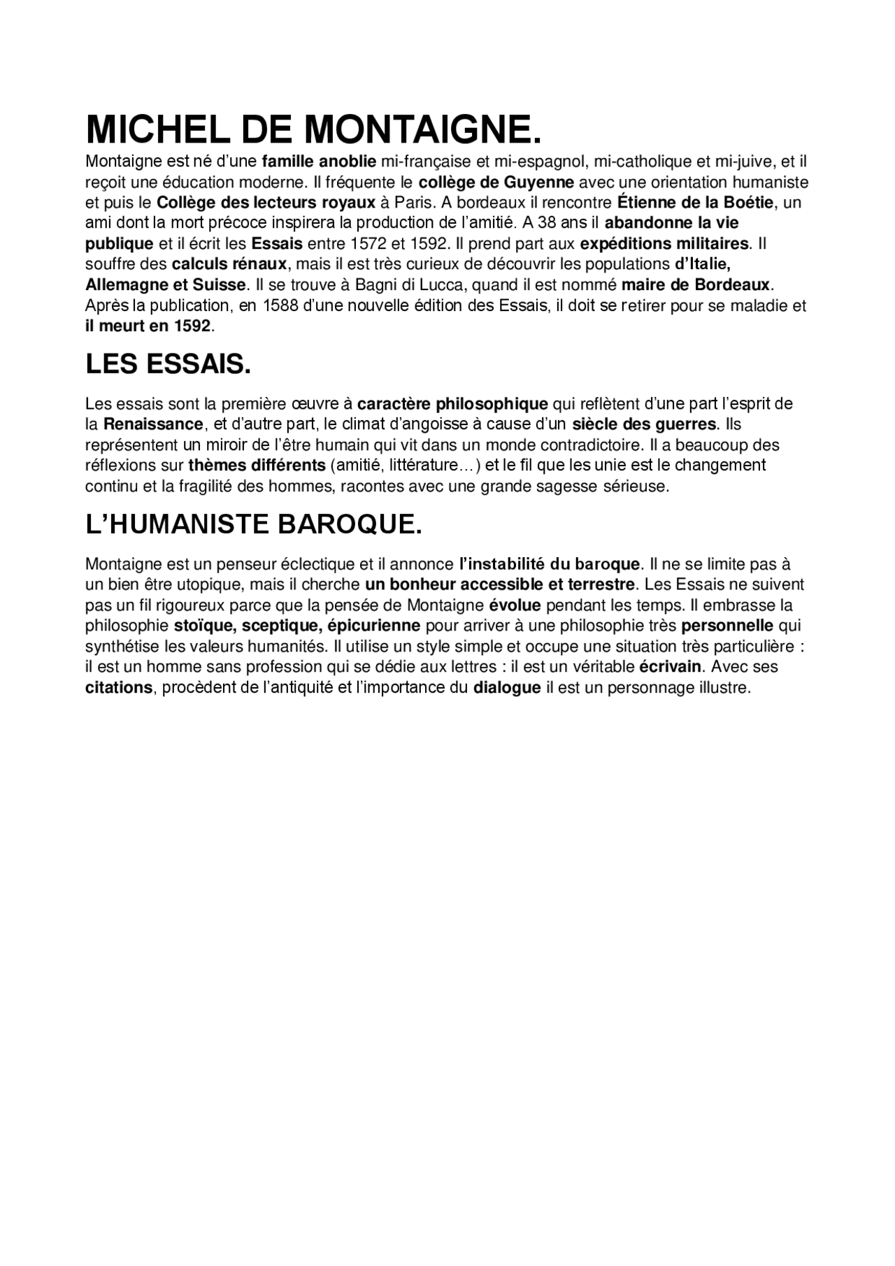 Michel De Montaigne En Français Sintesi Del Corso Di Francese Docsity
