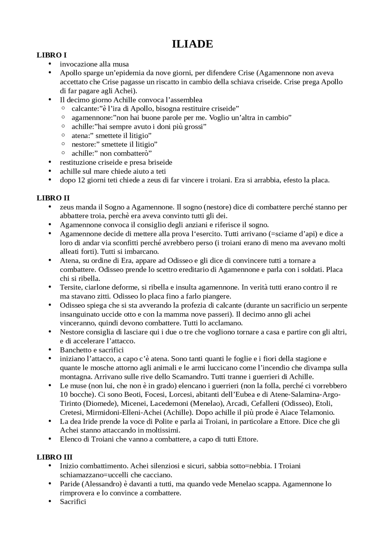 Riassunto capitoli Iliade | Appunti di Greco | Docsity