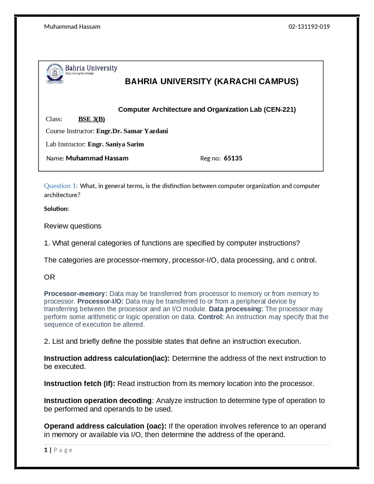 Computer Architecture and Organization Lab (CEN-221) - Docsity