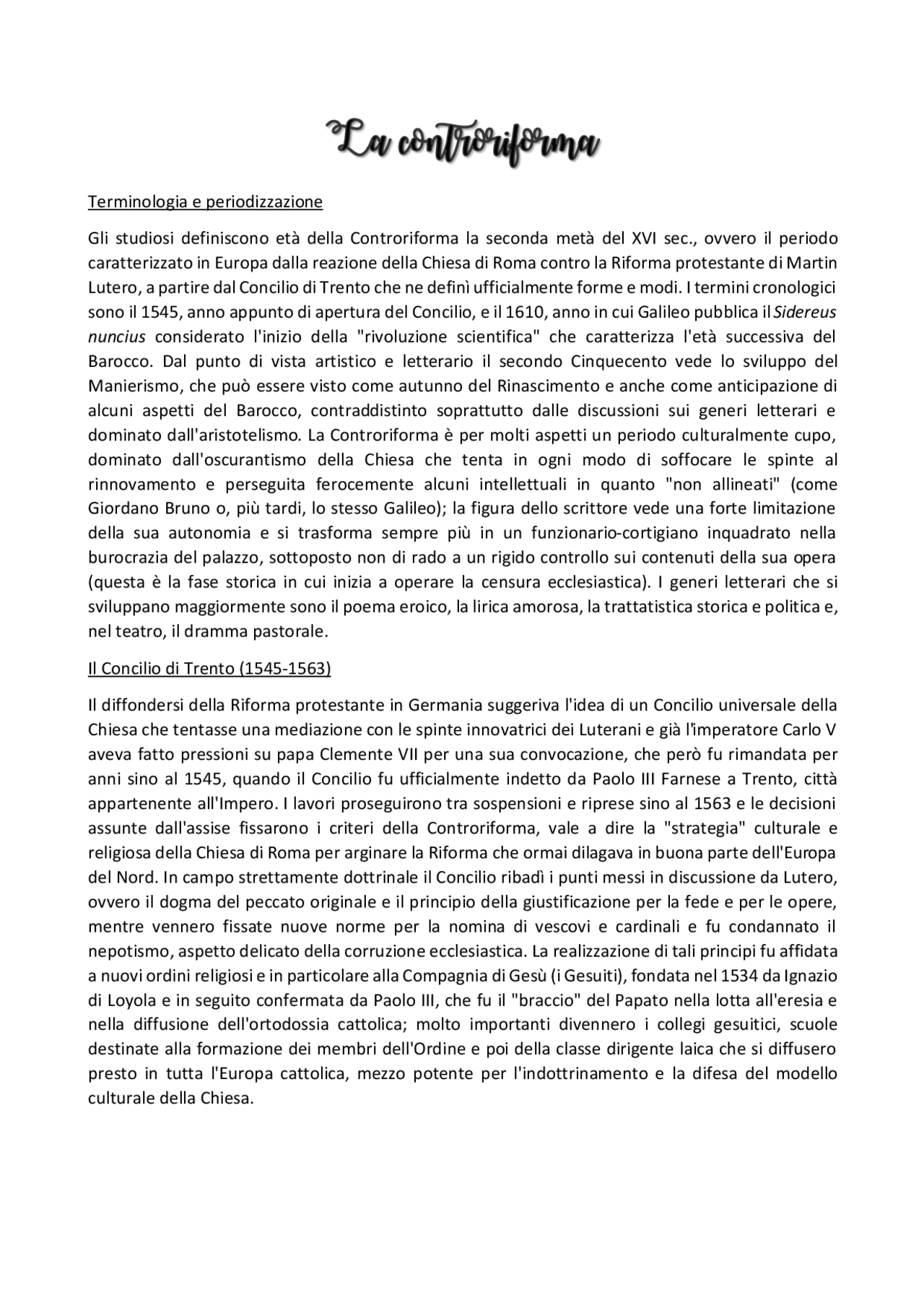 La Controriforma nella letteratura - Docsity