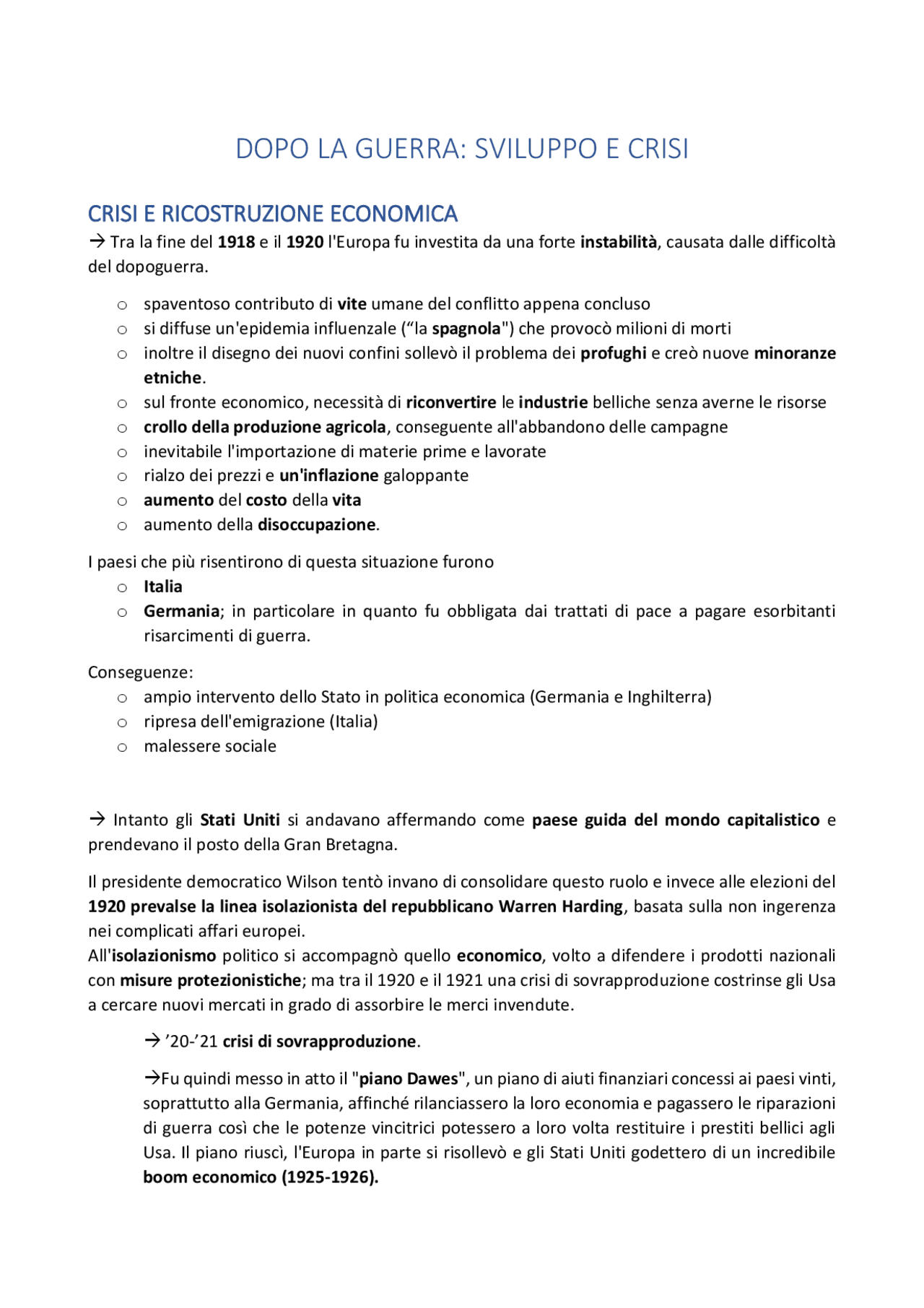 Primo Dopo Guerra Schema Riassuntivo Docsity