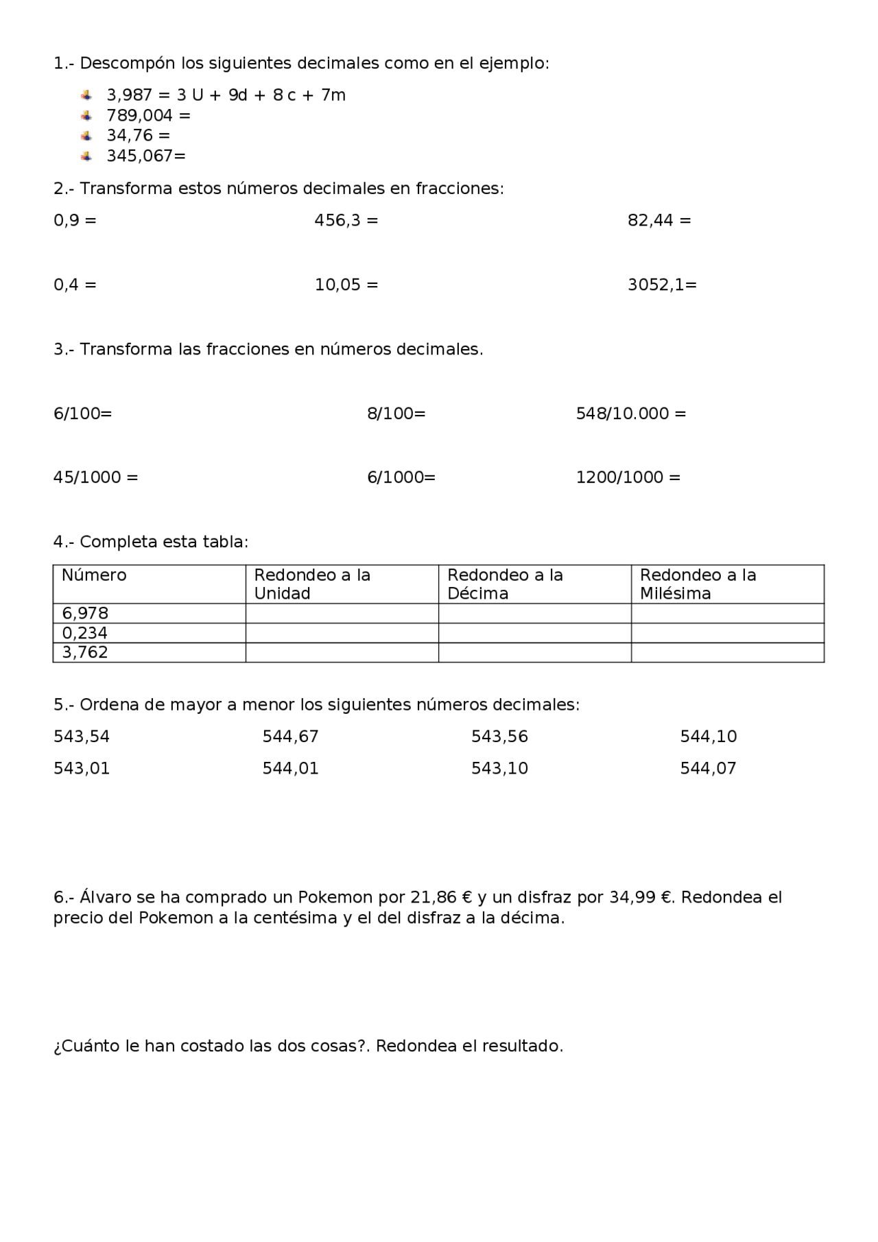 ´TEMA 6 4º PRIMARIA. OPERACIONES CON DECIMALES | Ejercicios de ...