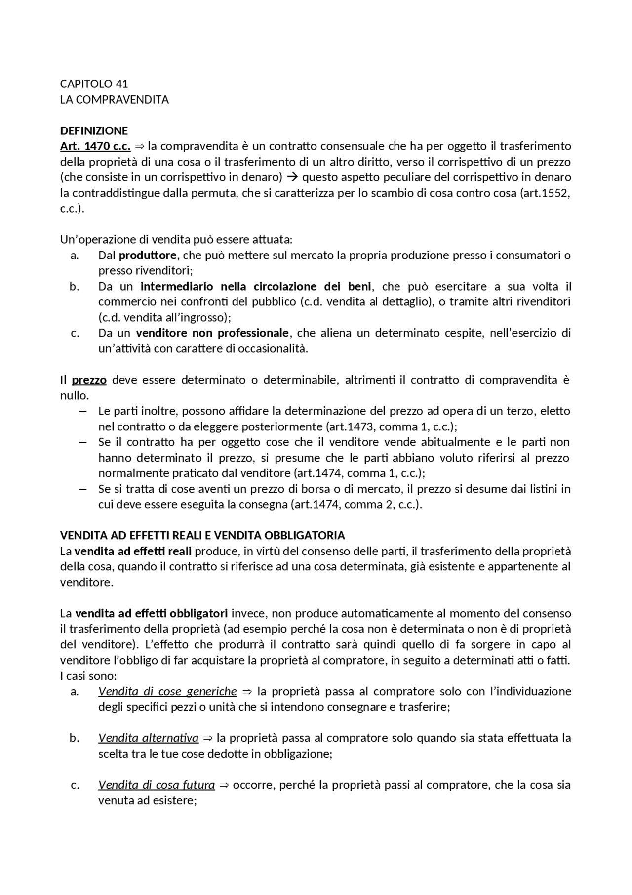 Riassunto La Compravendita Docsity