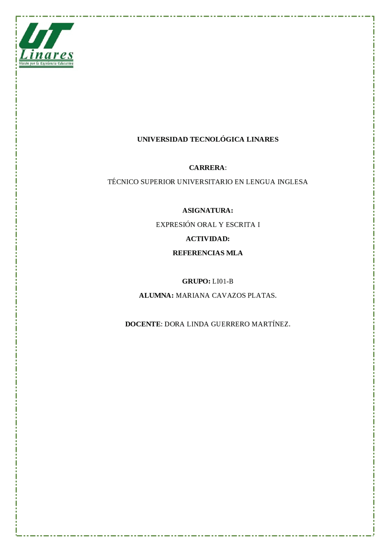 EJEMPLO DE REFERENCIA FORMATO ESTILO MLA - Docsity