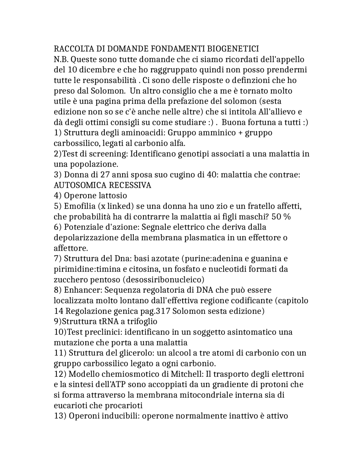 Domande Esame Di Fondamenti Biogenetici Dicembre 2015 Docsity