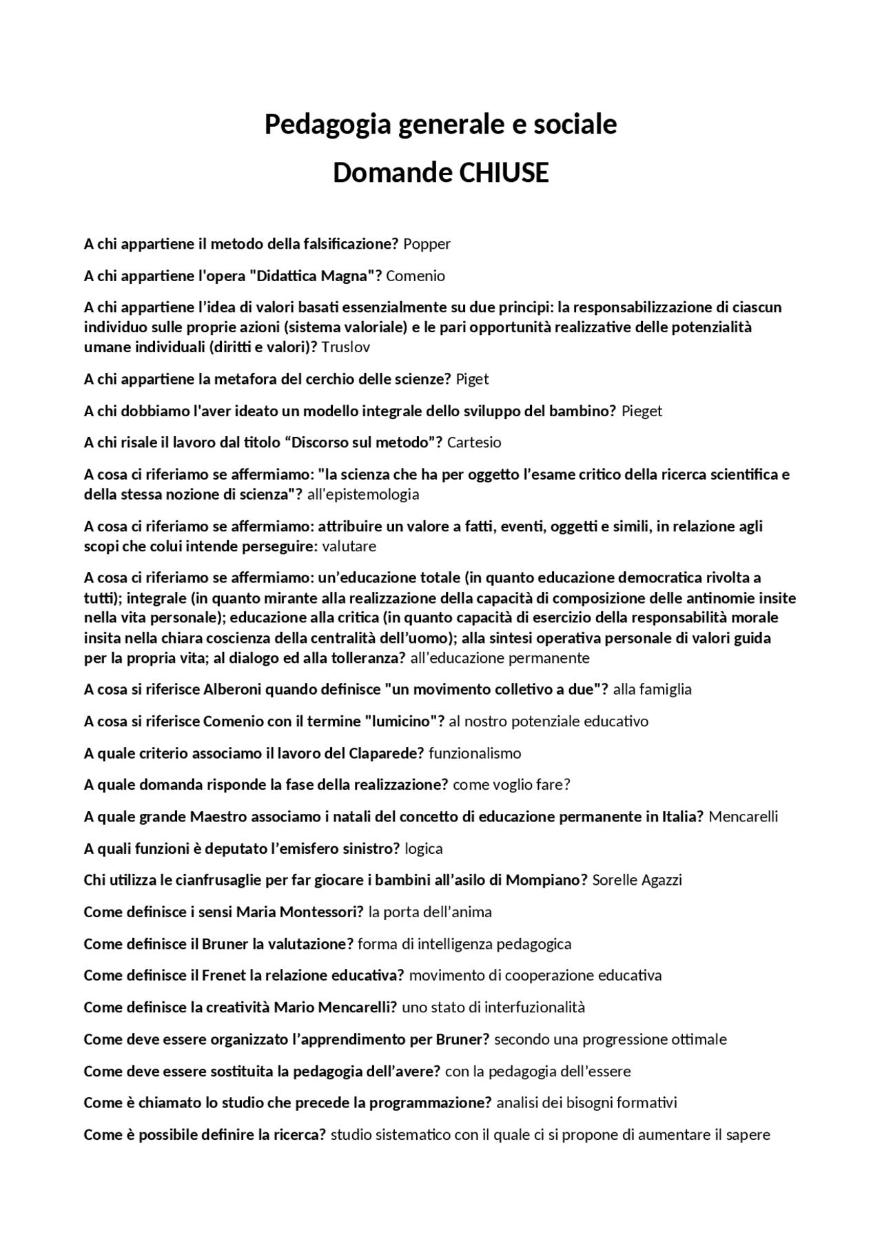 Pedagogia Generale E Sociale Chiuse Docsity