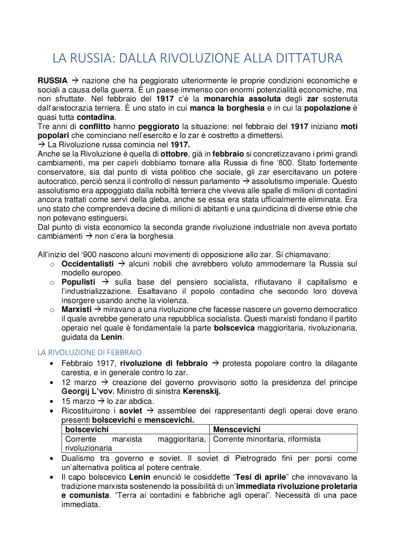 Rivoluzione Russa Riassunto Liceale Docsity