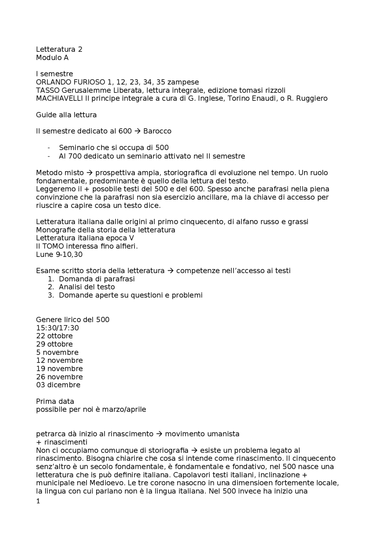 Letteratura italiana 2, primo modulo - Docsity