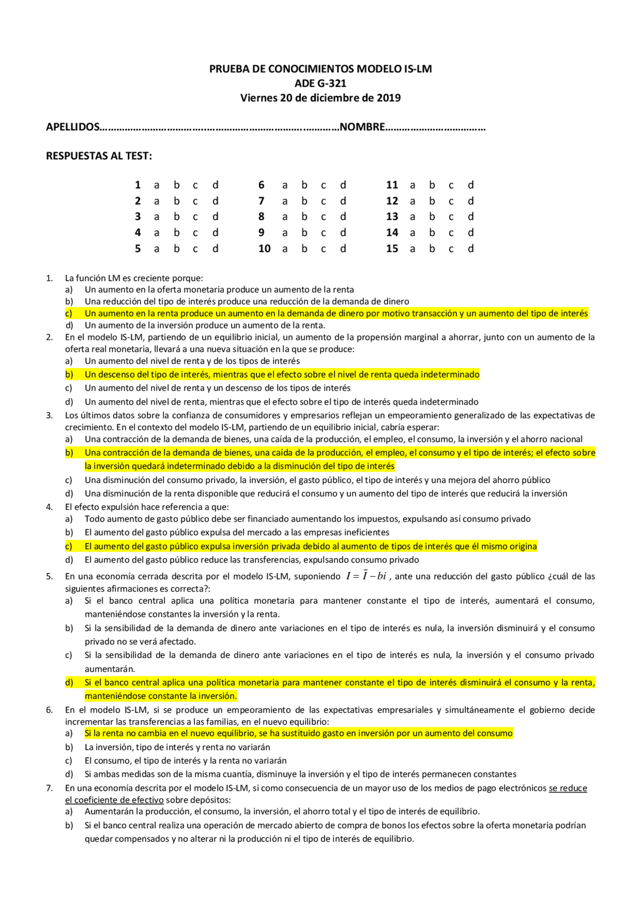 Prueba Modelo Is Lm 2019 Ejercicios De Macroeconomía Docsity