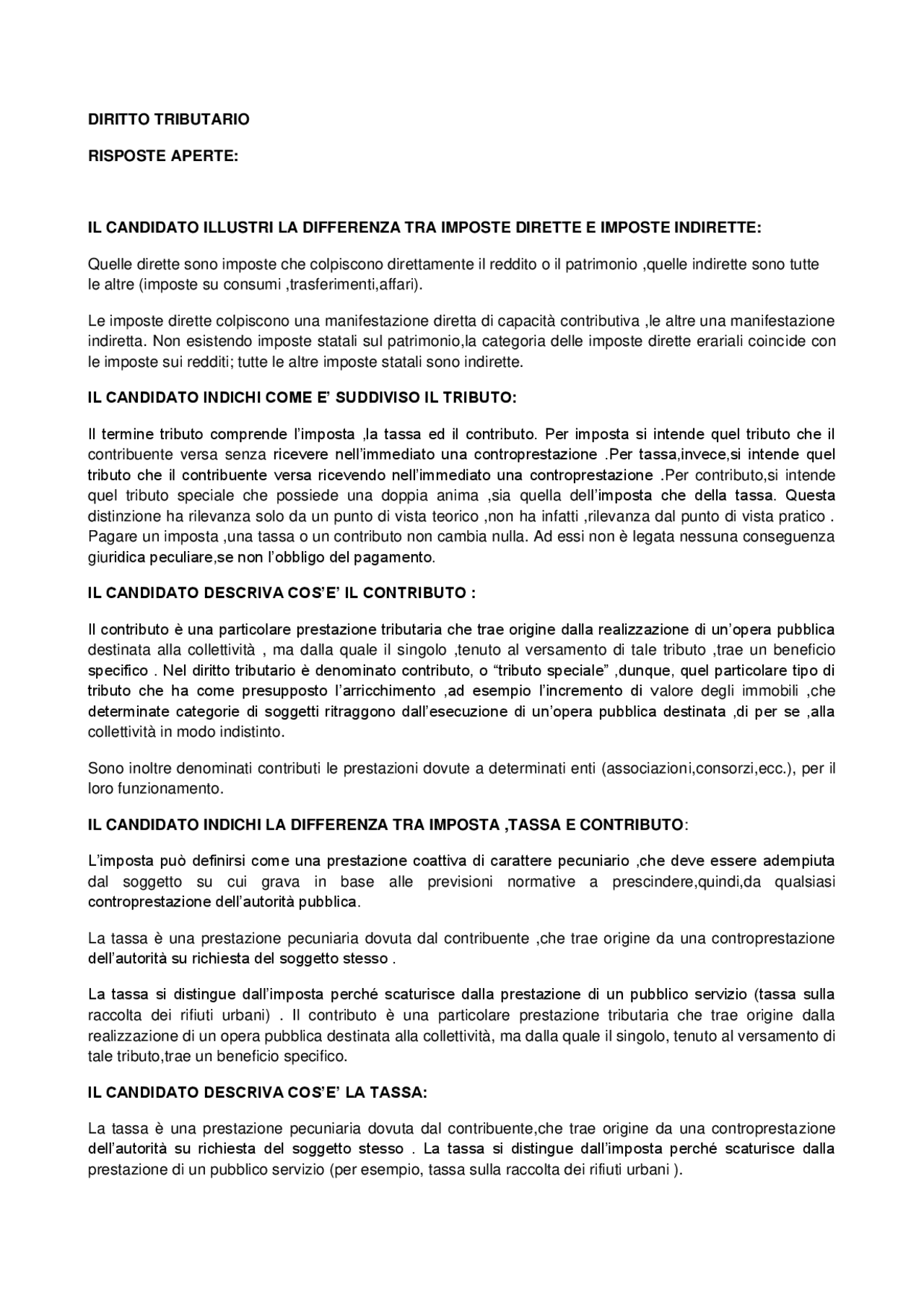 SET DOMANDE APERTE DIRITTO TRIBUTARIO - Docsity