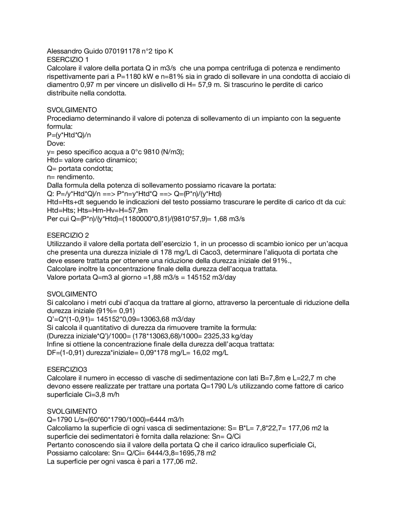Ingegneria Ambientale Elaborato 1 Esercizi Di Ingegneria Civile Docsity