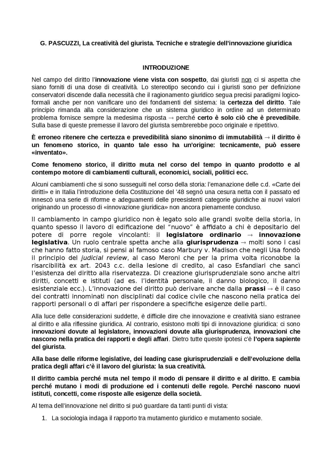 Riassunto La Creatività Del Giurista G Pascuzzi Docsity