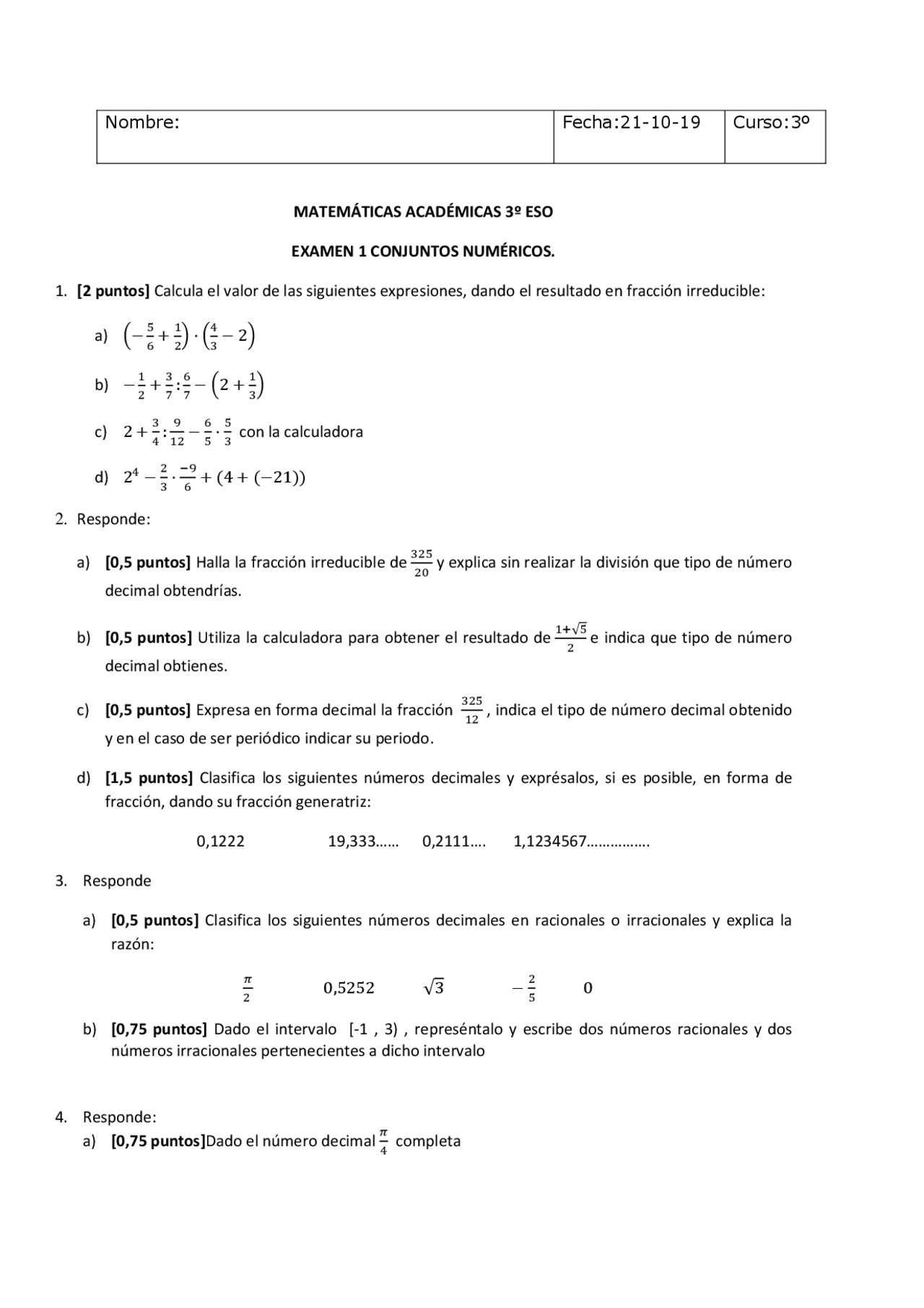 Conjuntos Numericos Exámenes De Matemáticas Docsity