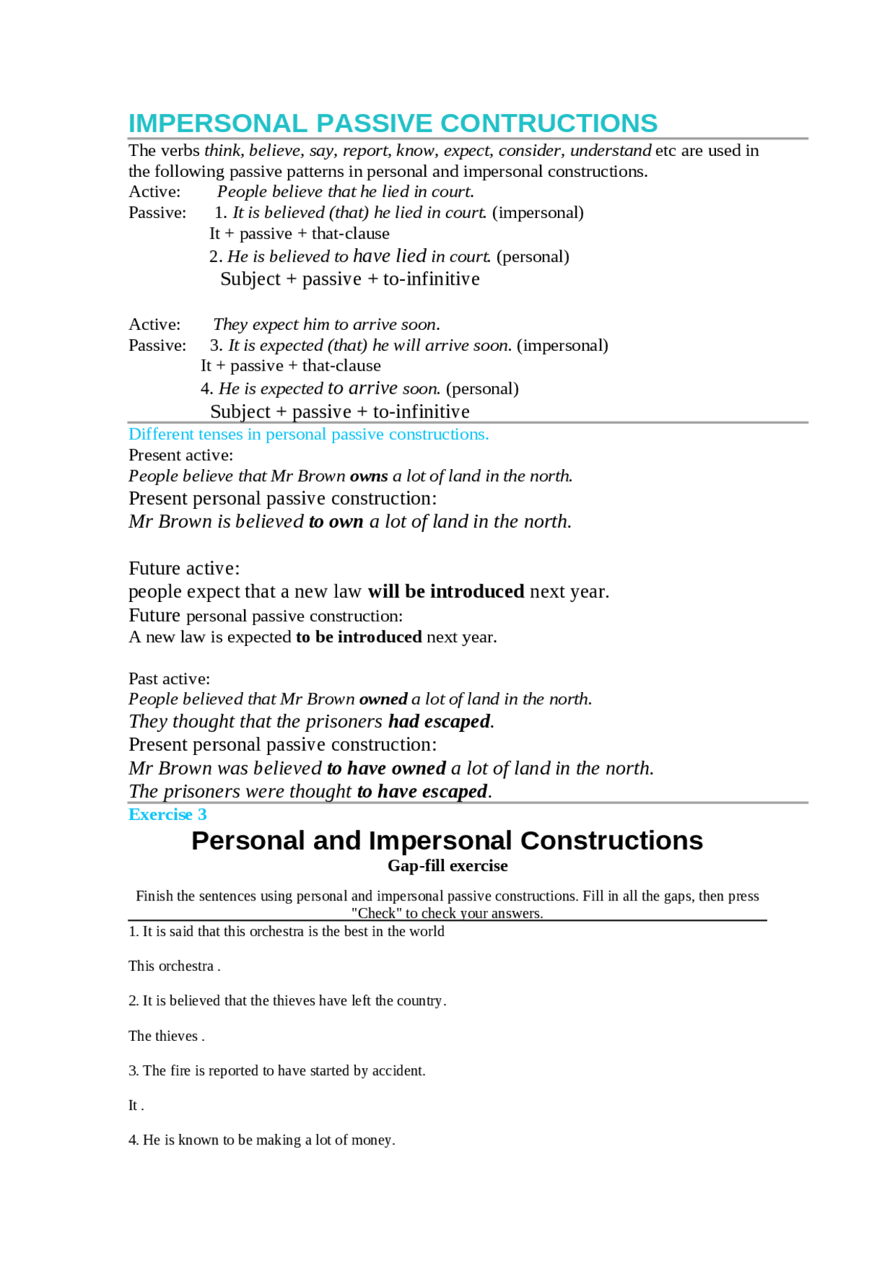 Impersonal passive construction | Apuntes de Inglés | Docsity