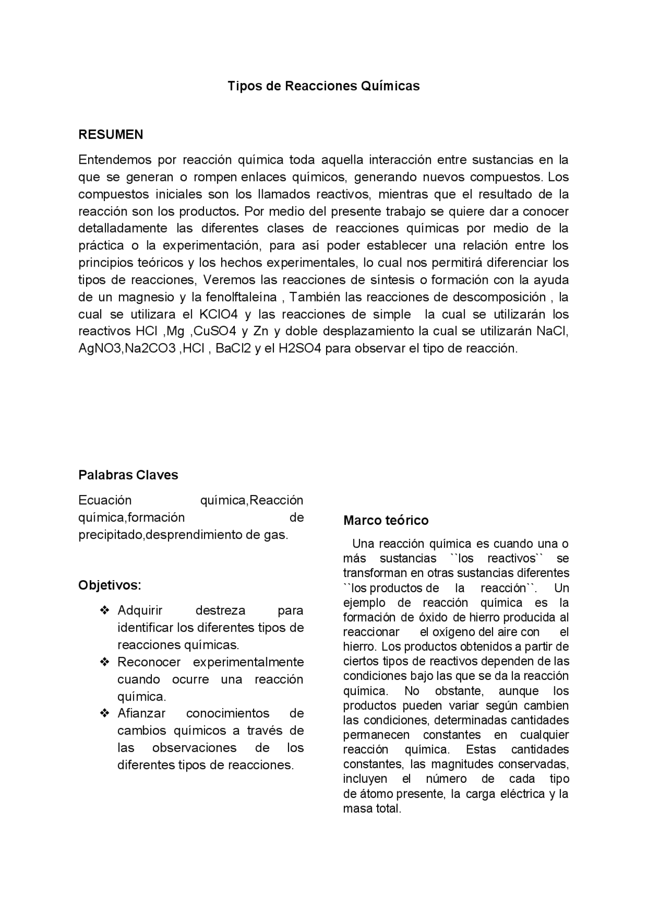 Informe Tipos De Reacciones Químicas Docsity