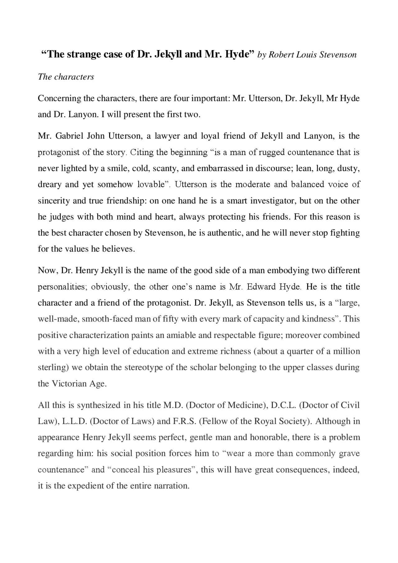 The Strange Case Of Dr Jekyll And Mr Hyde Analysis Of Characters