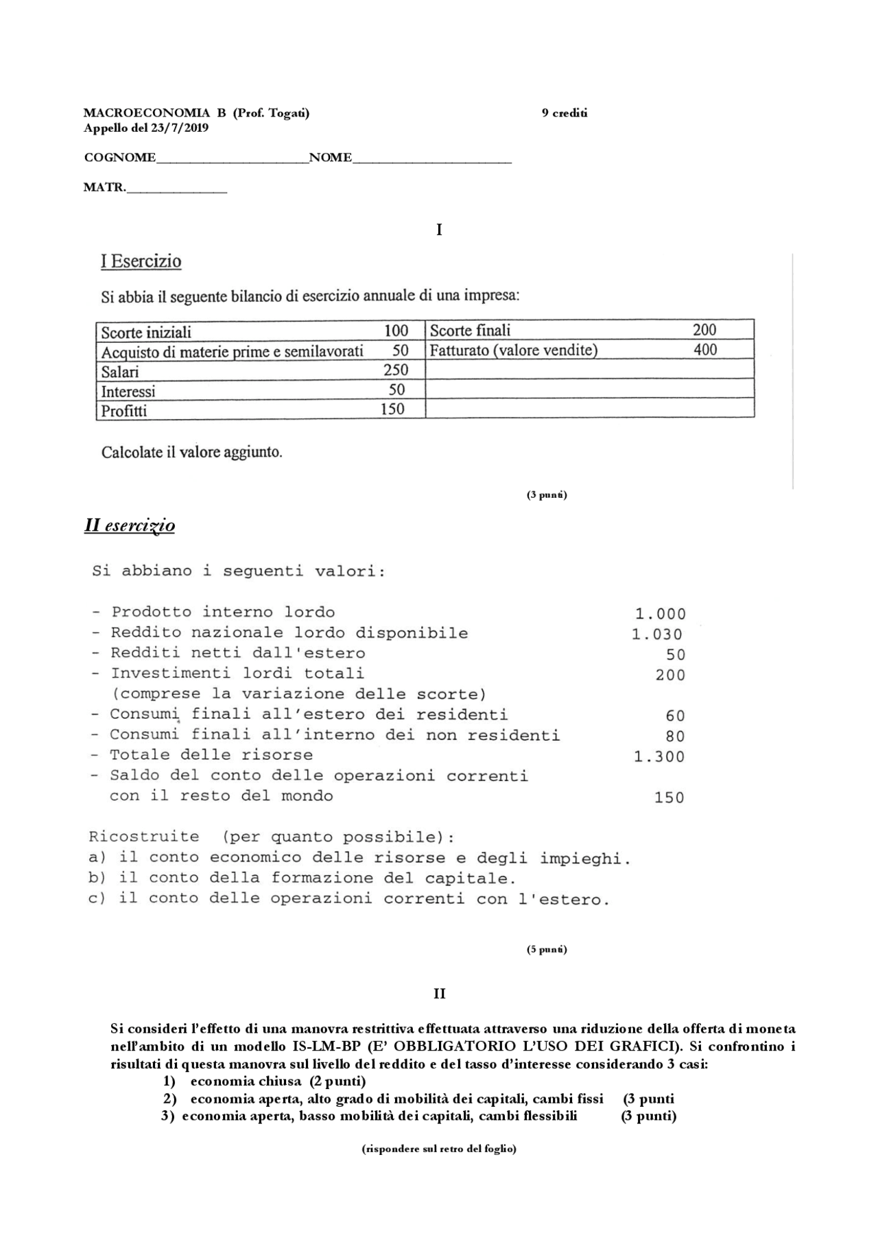 Prove Esame Macroeconomia Docsity